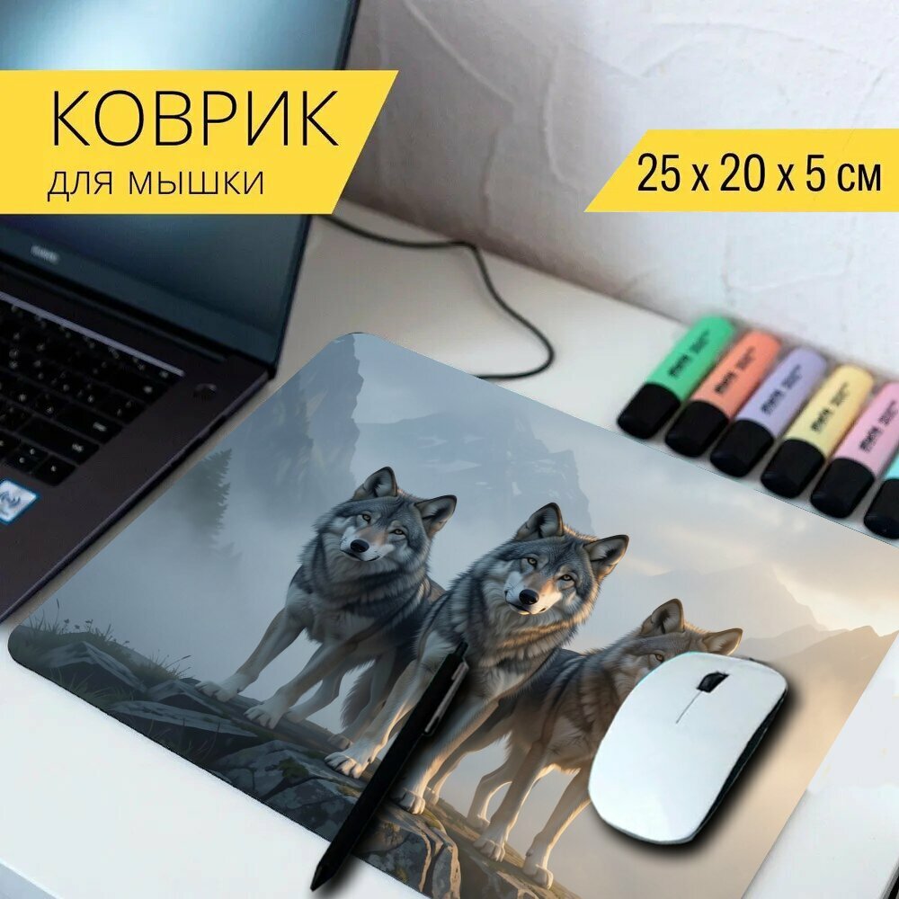 Коврик для мыши с принтом "Три волка в горном тумане. Стая хищников на каменистом выступе среди misty mountains, мягкий рассветный свет, холодные серо-голубые оттенки и." 25x20см.