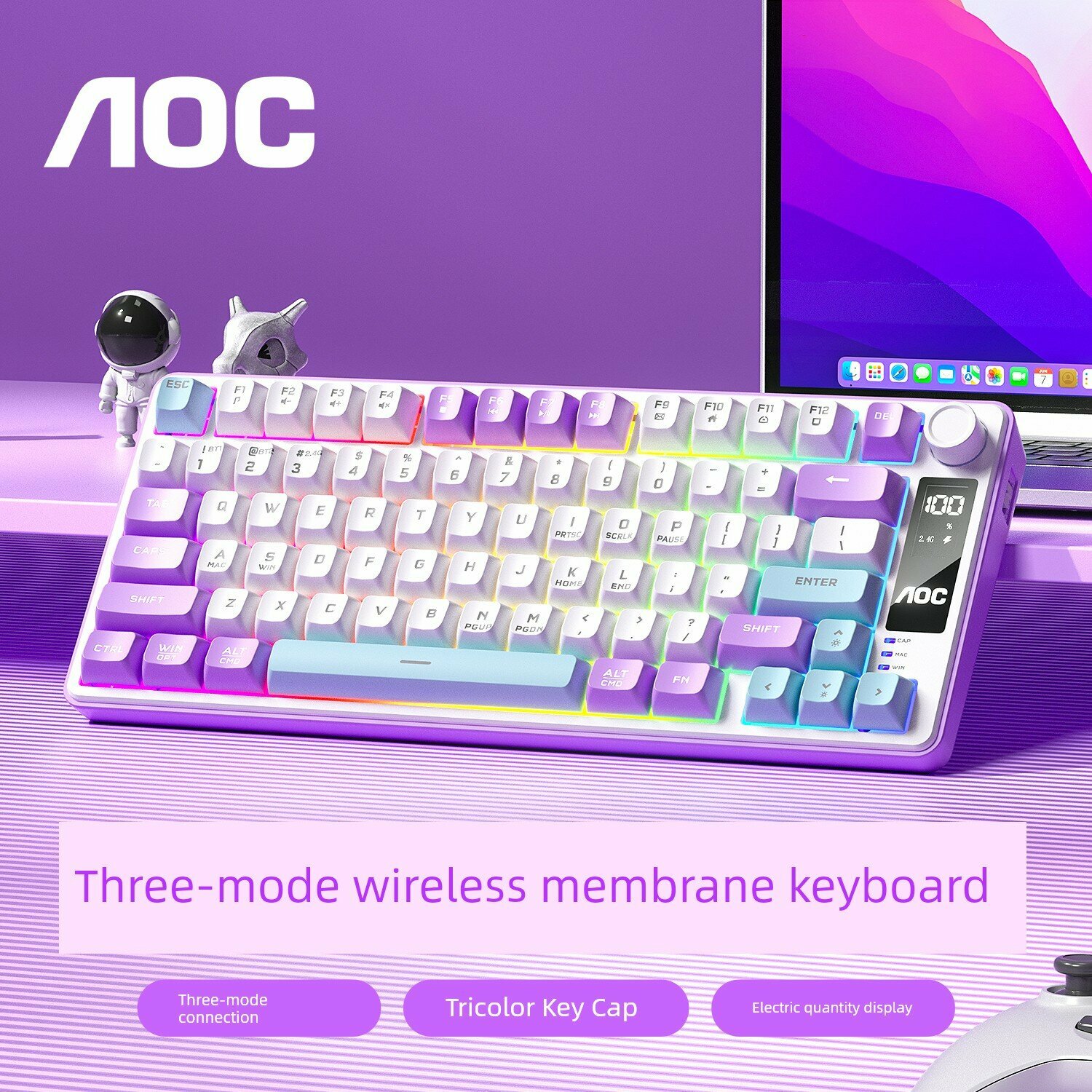 Беспроводной комплект клавиатуры и мыши AOC GK300, трехрежимная клавиатура с механическим ощущением, бесшумная, для игр