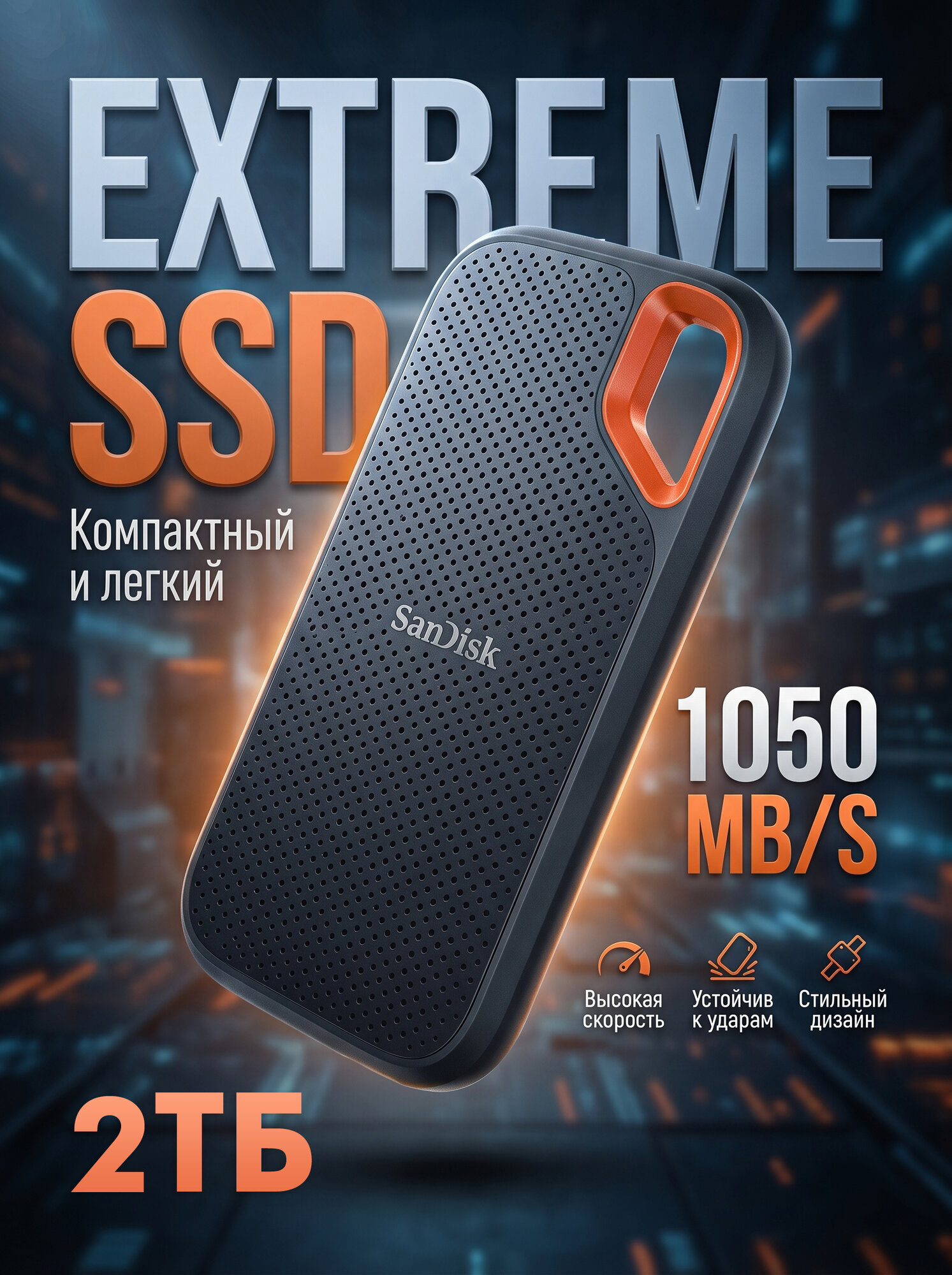 2 ТБ Внешний SSD SanDisk Extreme Portable V2, USB 3.2 Gen 2 Type-C, черный