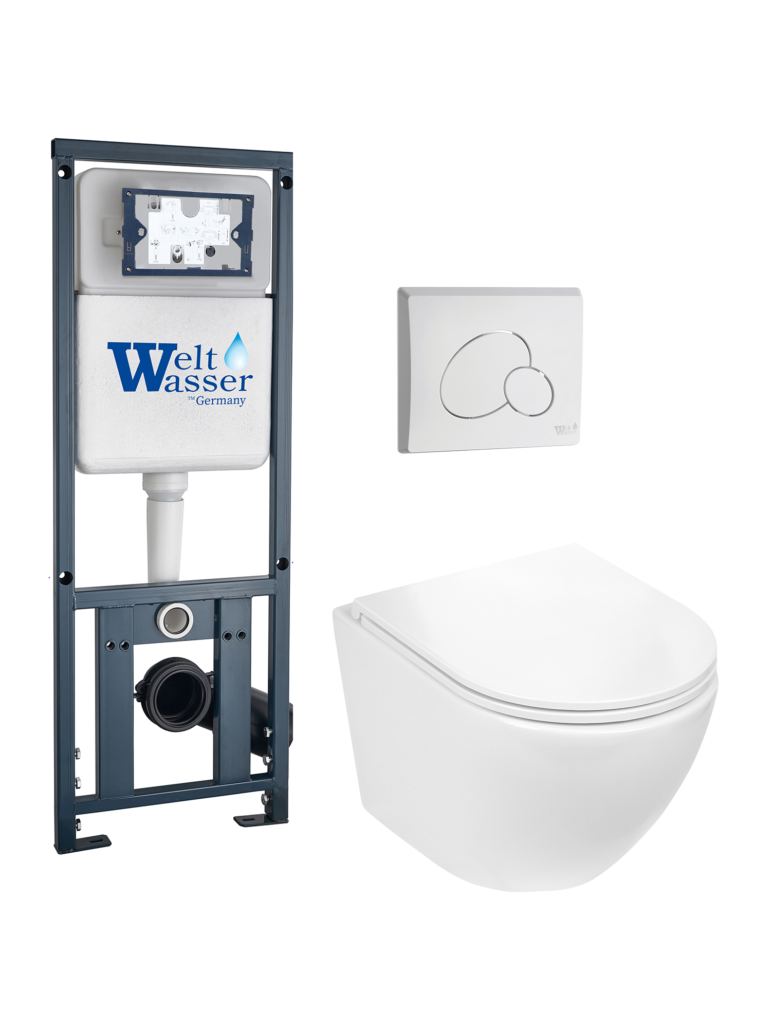 Комплект 3 в 1 Унитаз подвесной WeltWasser MERZBACH 043 GL-WT безободковый+Инсталляция MARBERG 410 с кнопкой MAR 410 RD GL-WT белая глянцевая