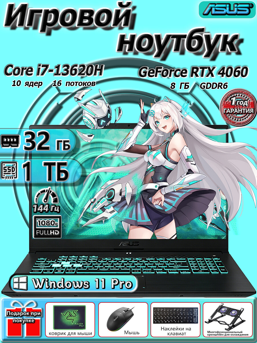 Игровой ноутбук ASUS TUF Gaming A15, Intel Core i7-13620H, RTX 4060 8 ГБ, 15.6" 144 Гц IPS, 32 ГБ ОЗУ, 1 ТБ SSD