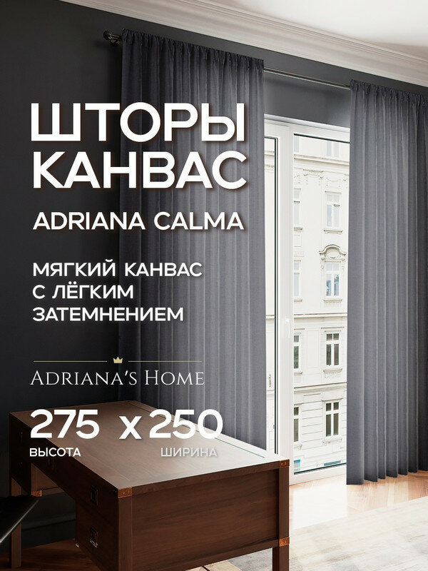 Шторы Adriana Calma, канвас, графит, комплект из 2 штор, высота 275 см, ширина 250 см, лента