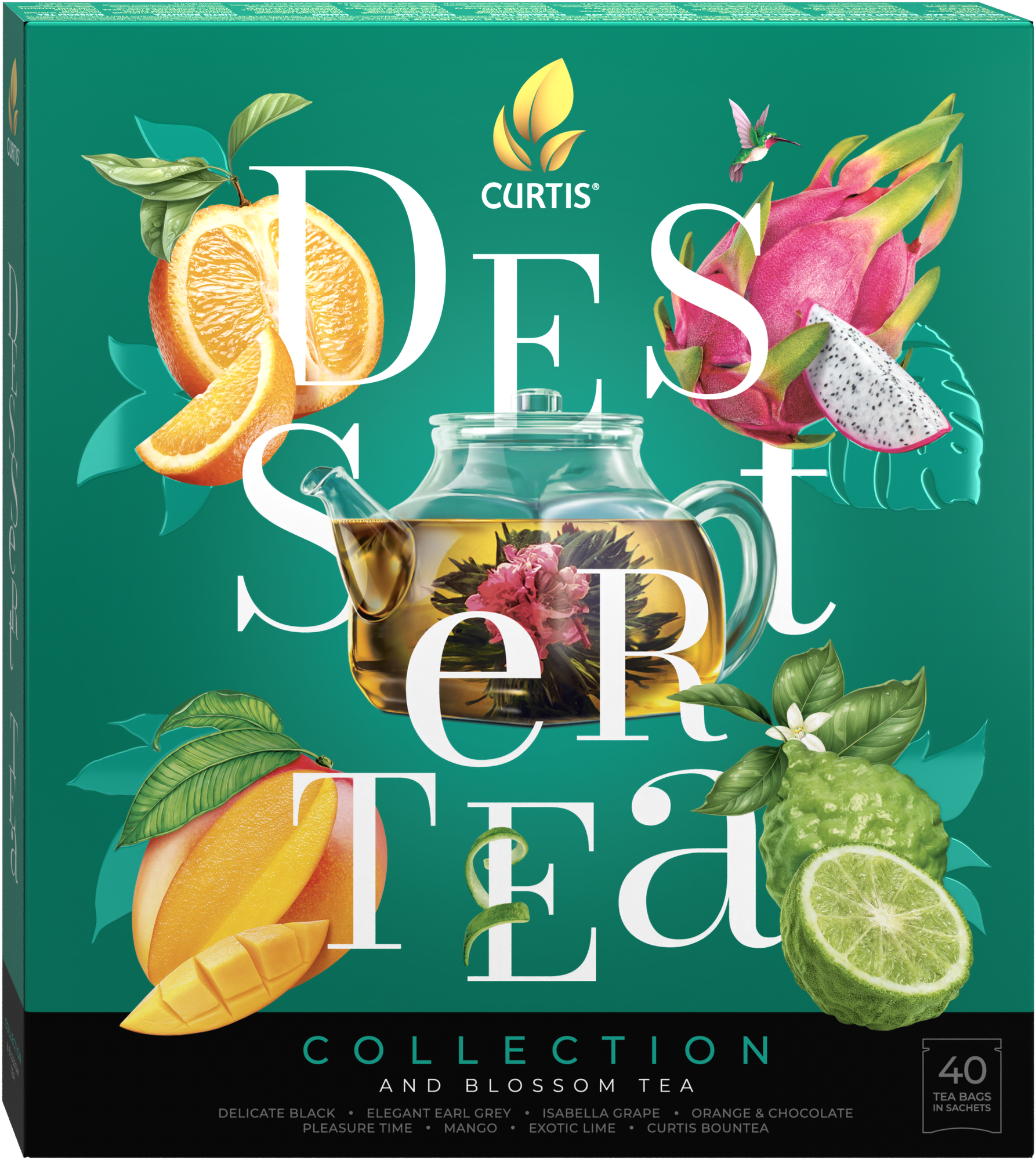 Подарочный набор чая в пакетиках CURTIS "Dessert Tea Collection & Blooming" 40 пакетиков, ассорти 8 вкусов и чай-цветок
