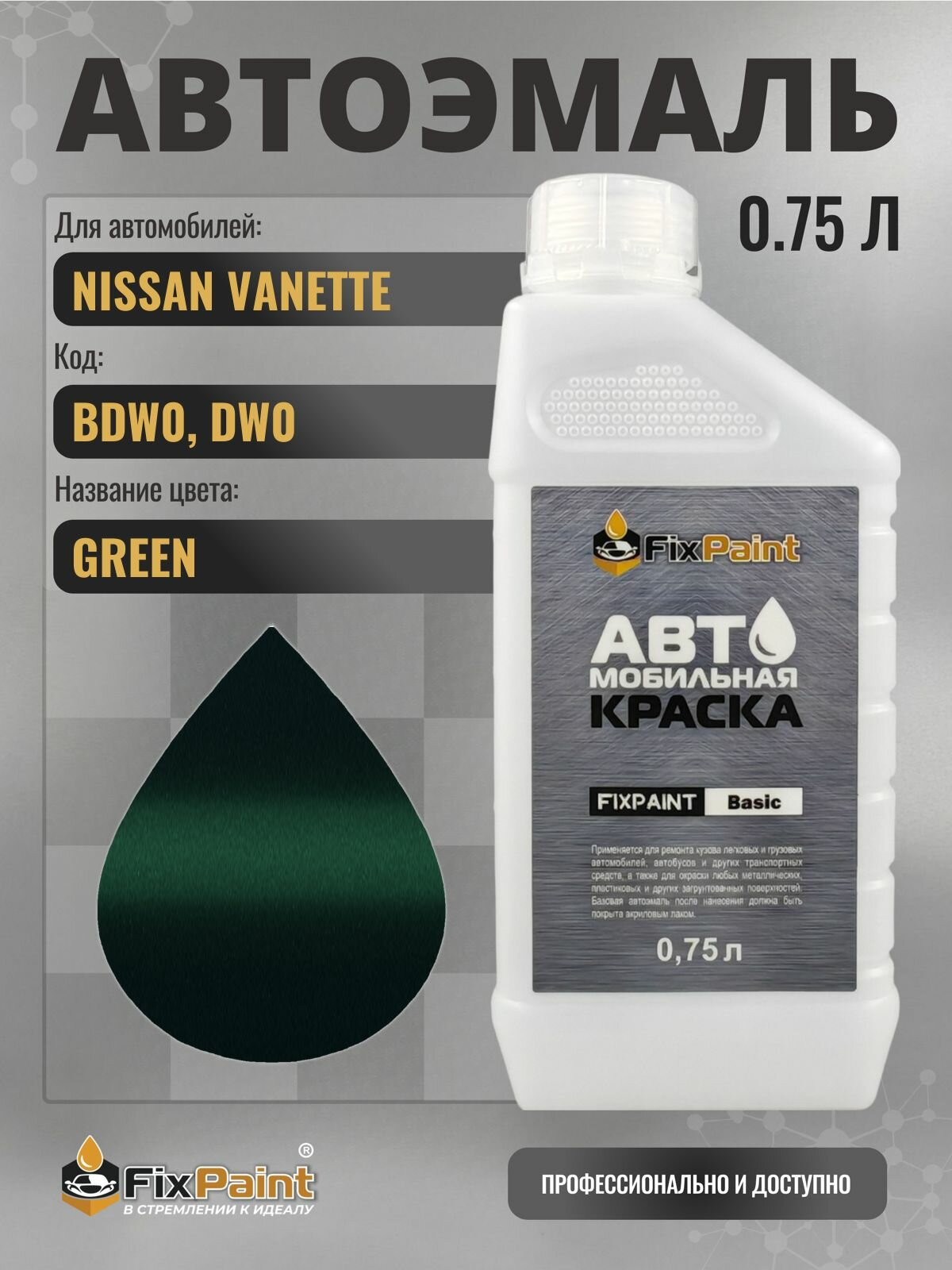 Краска для NISSAN VANETTE, код BDW0, DW0, GREEN, автомобильная эмаль базовая под лак FixPaint Basic в канистре, 0,75 л