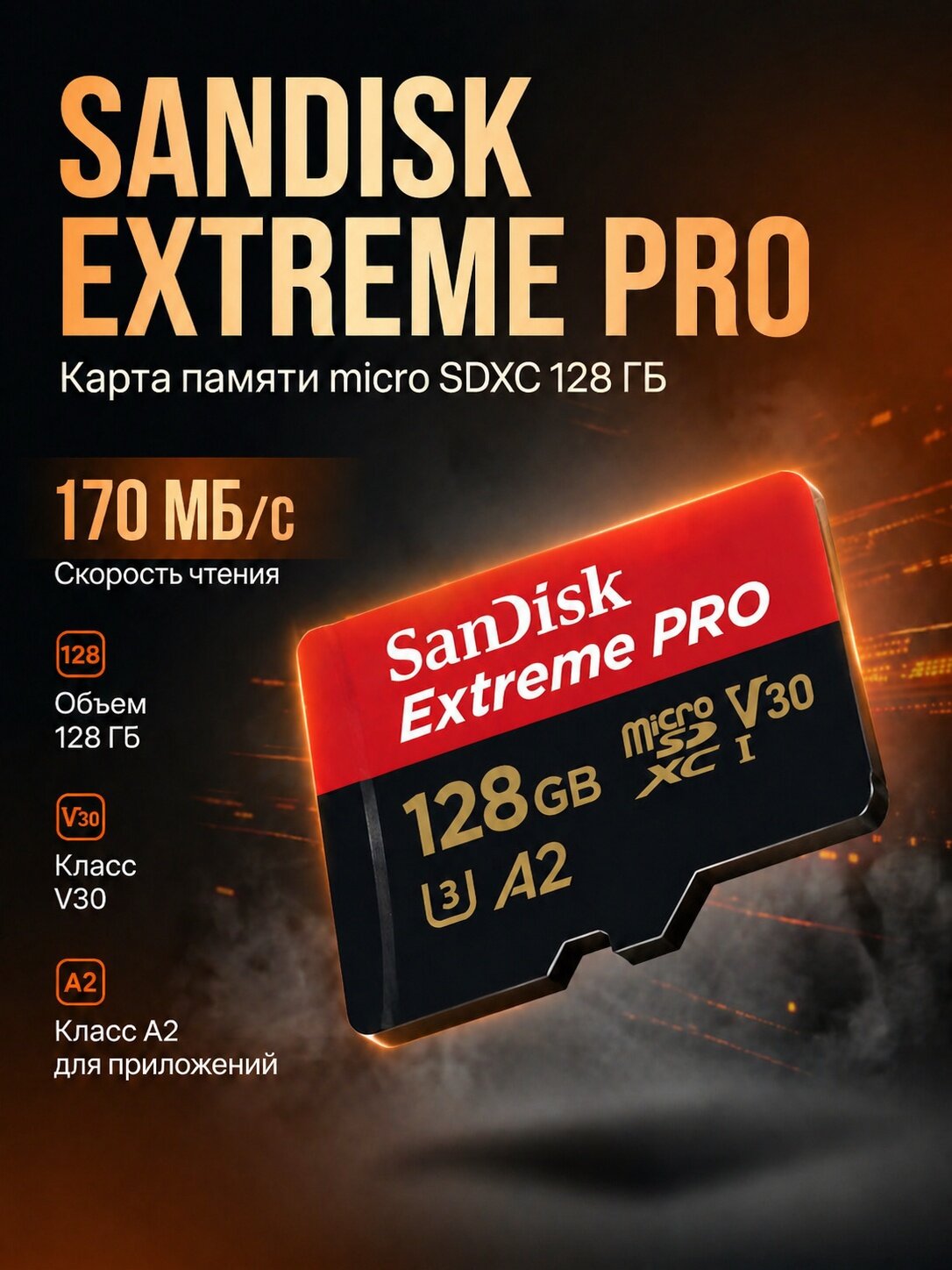Карта памяти SanDisk Extreme Pro, 128ГБ, MicroSD, UHS-I, V30