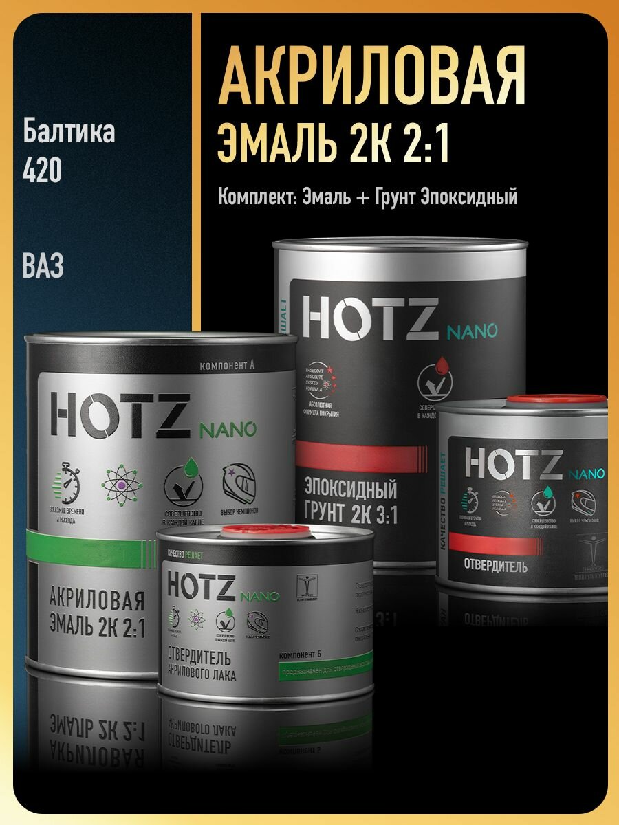 Акриловая краска Балтика 420, Комплект (Эмаль 1 л. + Отвердитель 500 мл. + Грунт эпоксидный 1330 гр.), HOTZ