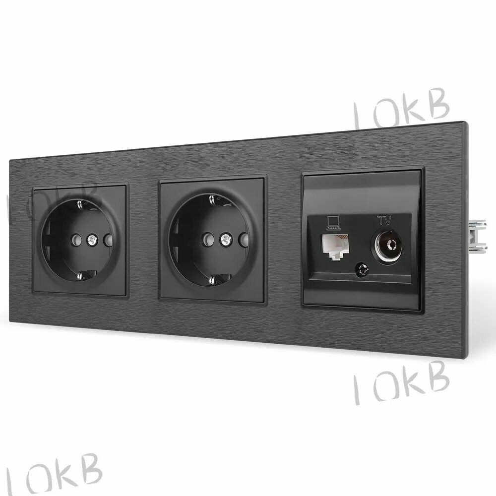 Розетка черная с заземлением, RJ-45 Ethernet, евро и ТВ антенной, 16 А, 250 В, IP20