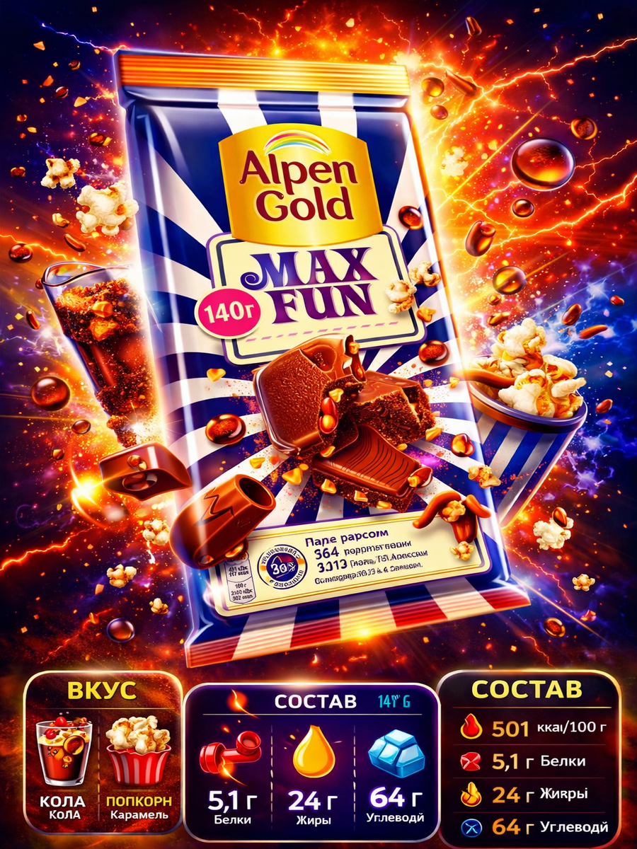 Шоколад Alpen Gold Max Fun Кола-попкорн-карамель молочный, 140г
