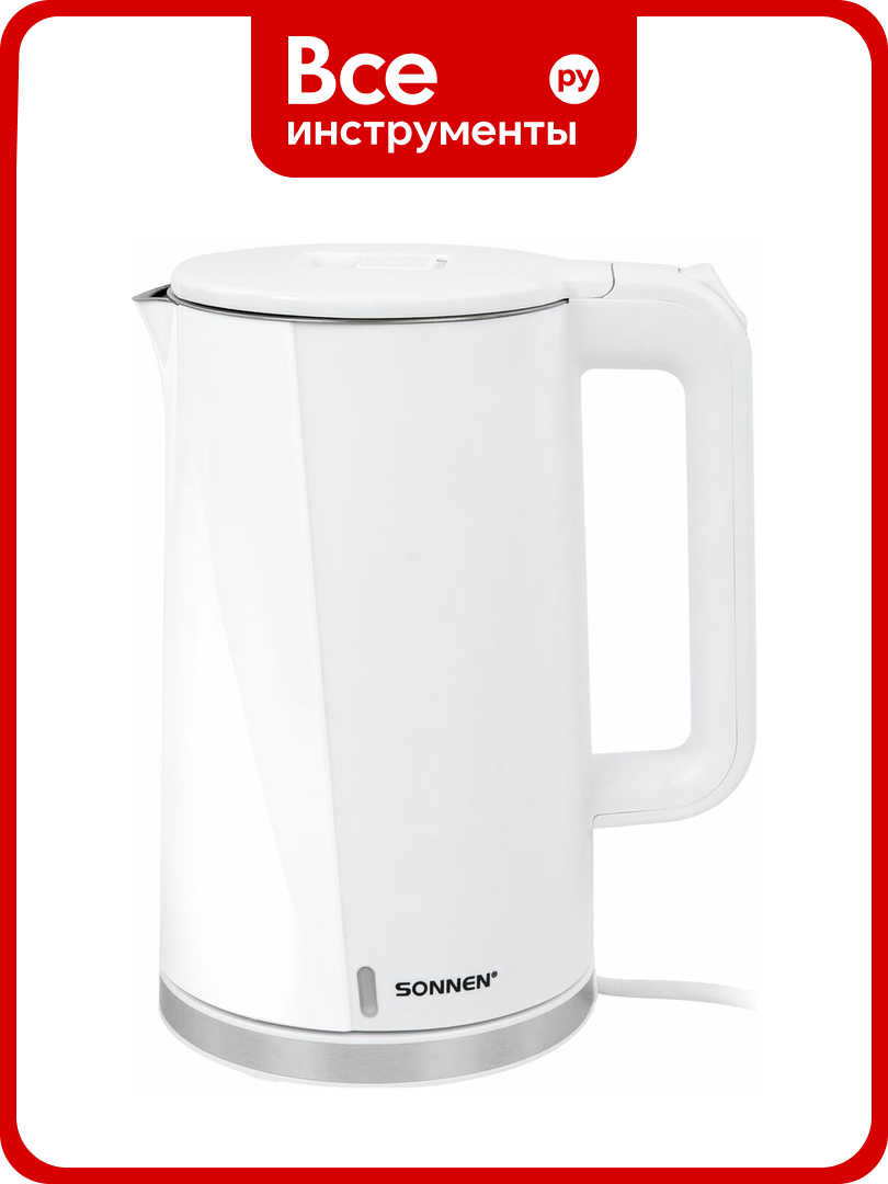 Чайник электрический с двойными стенками SONNEN Kt-8718w, 1.7 л, 2200 Вт, белый 454685