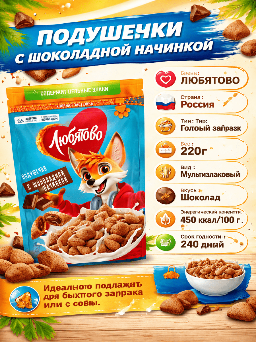 Готовый завтрак Любятово Подушечки с шоколадной начинкой, 220г