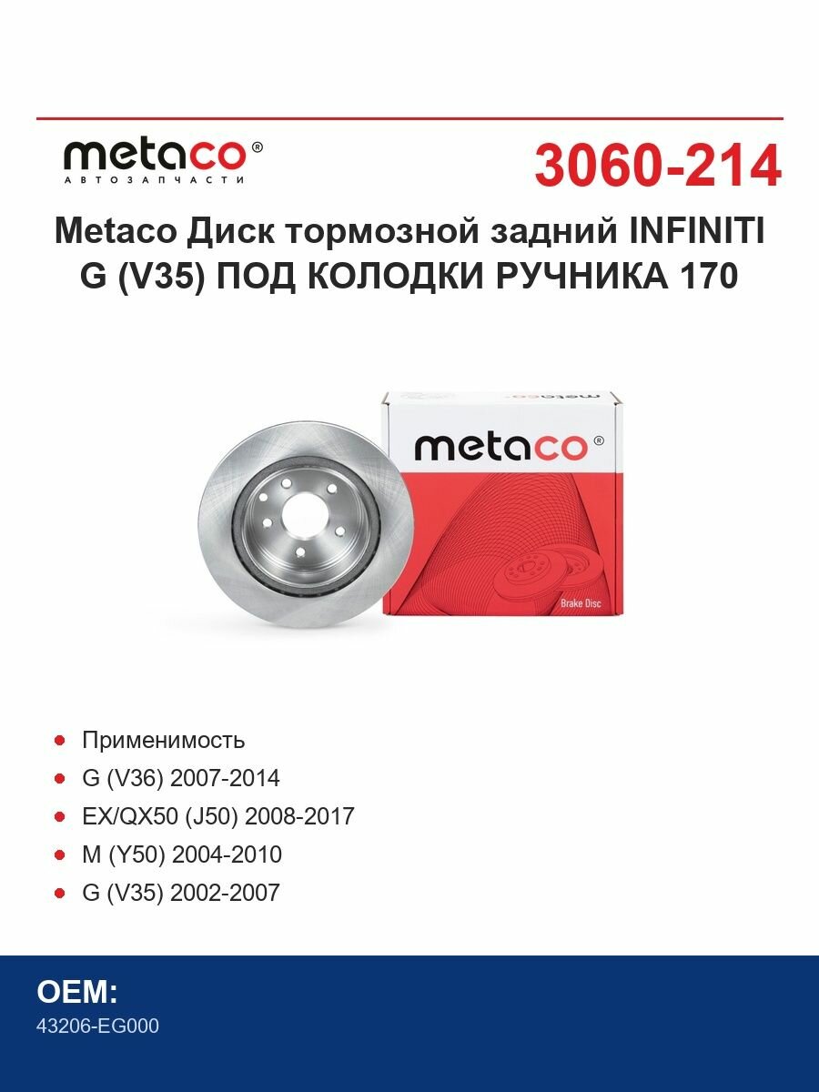Metaco Диск тормозной задний INFINITI G (V35) под колодки ручника 170