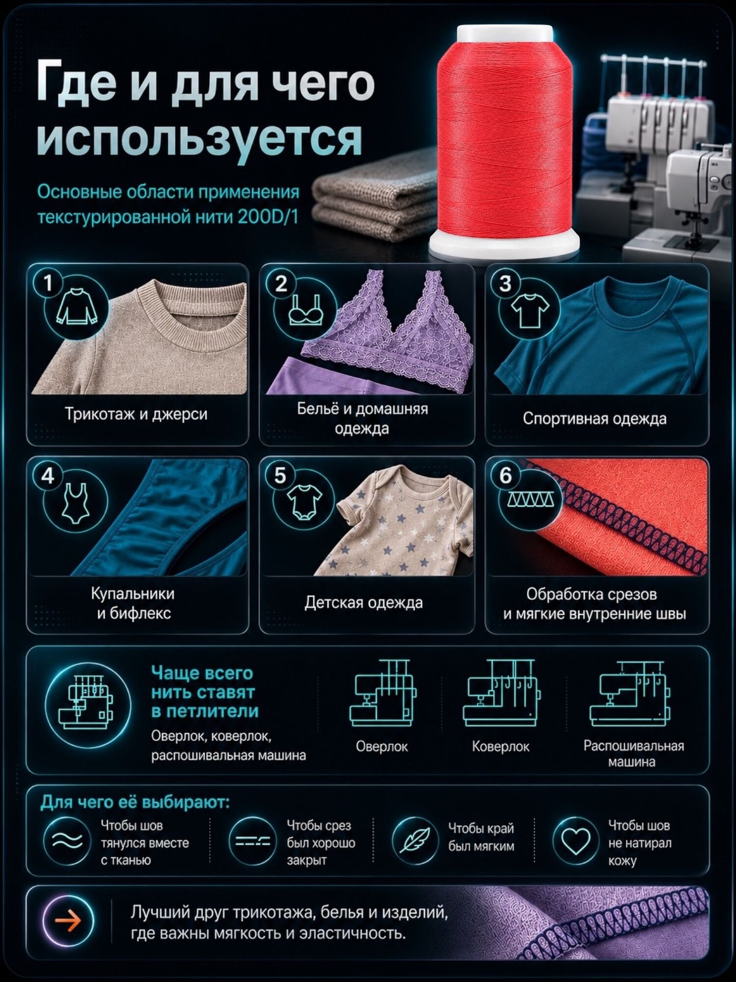 Текстурированные оверлочные нитки, яркий и насыщенный цвет — фото 1