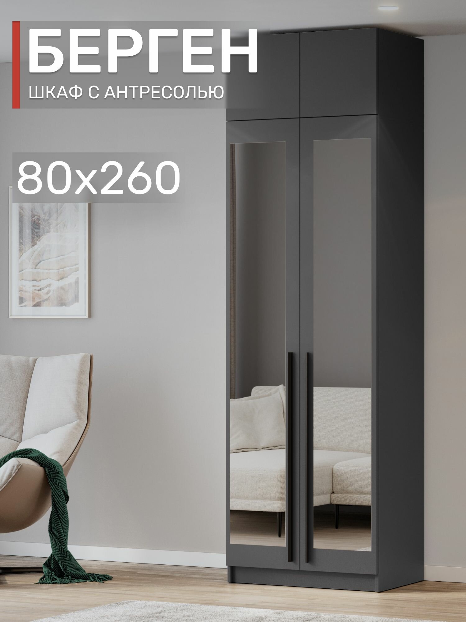 Шкаф распашной с полками, штангой и антресолью, 80х260х52, Берген ШК-800.2, Графит