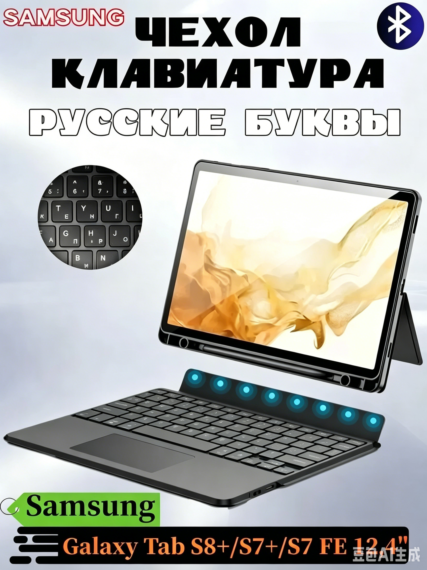 Чехол с Bluetooth-клавиатурой для Samsung Galaxy Tab S8+/S7+/S7 FE 12.4", с русскими буквами и тачпадом