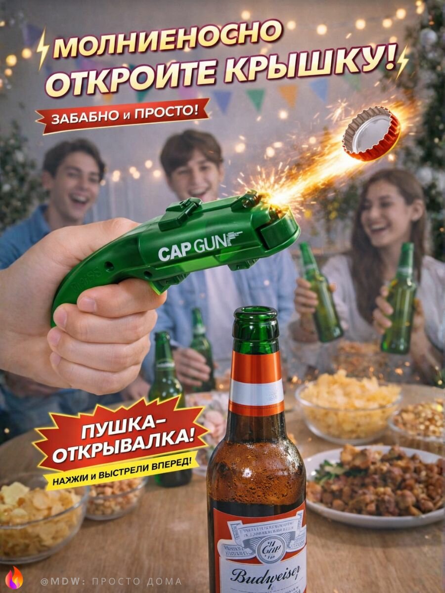 Открывалка для бутылок CAP GUN прозрачная темно-зеленая, пистолет-открывалка для пива с выстрелом крышки, прикольный аксессуар для вечеринки