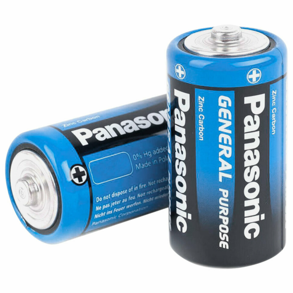 Батарейки комплект 2шт, PANASONIC D R20 (373), солевые, в пленке, 1.5 В, 450407