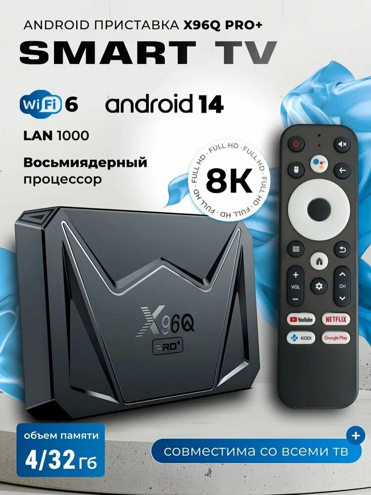 Смарт-ТВ приставка X96Q Pro+, 4 ГБ/32 ГБ, Android 14, Wi-Fi, HDMI, чёрный