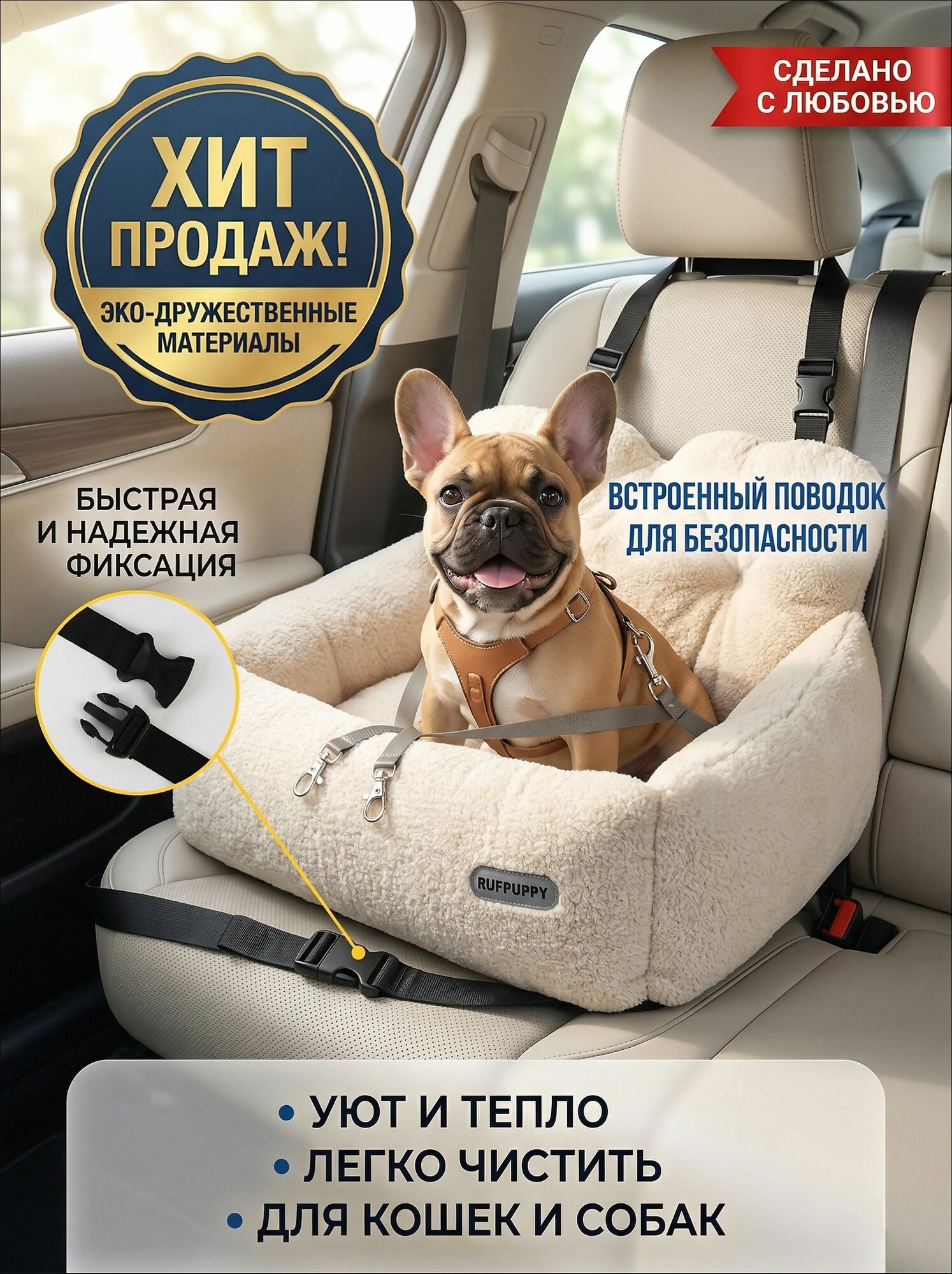 Автокресло для собак, переноска в машину, мягкая лежанка с креплением, 53x42см, до 4 кг, бежевый