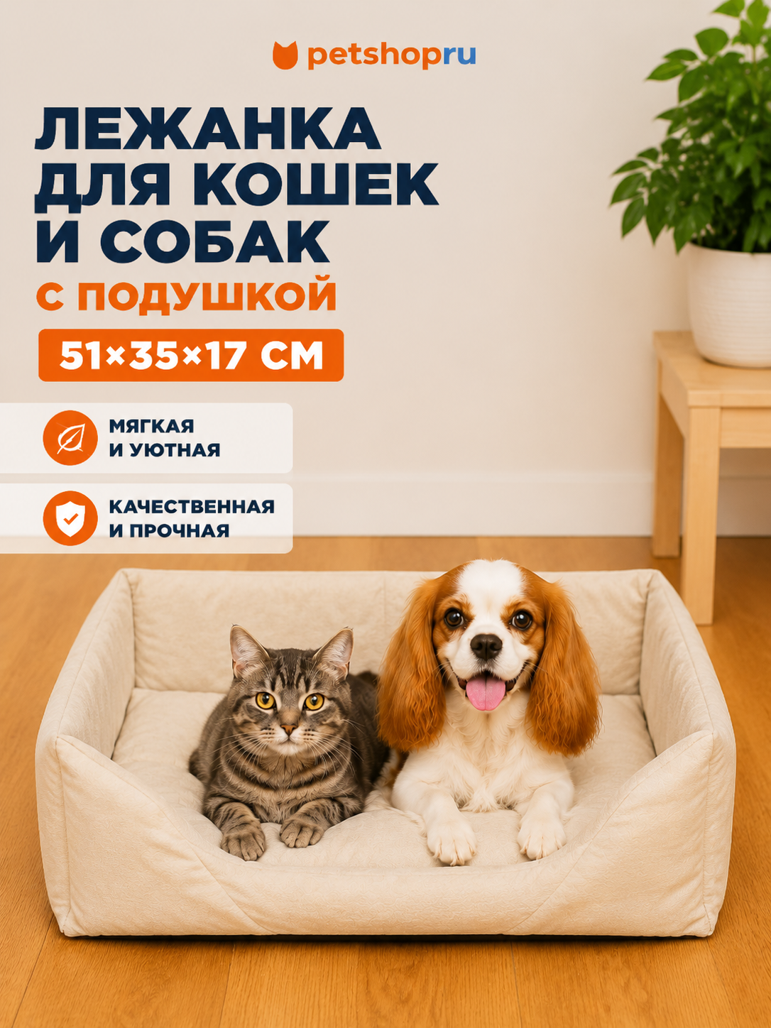 PETSHOP Лежак прямоугольный с подушкой для собак и кошек, бежевый 51*35*17см