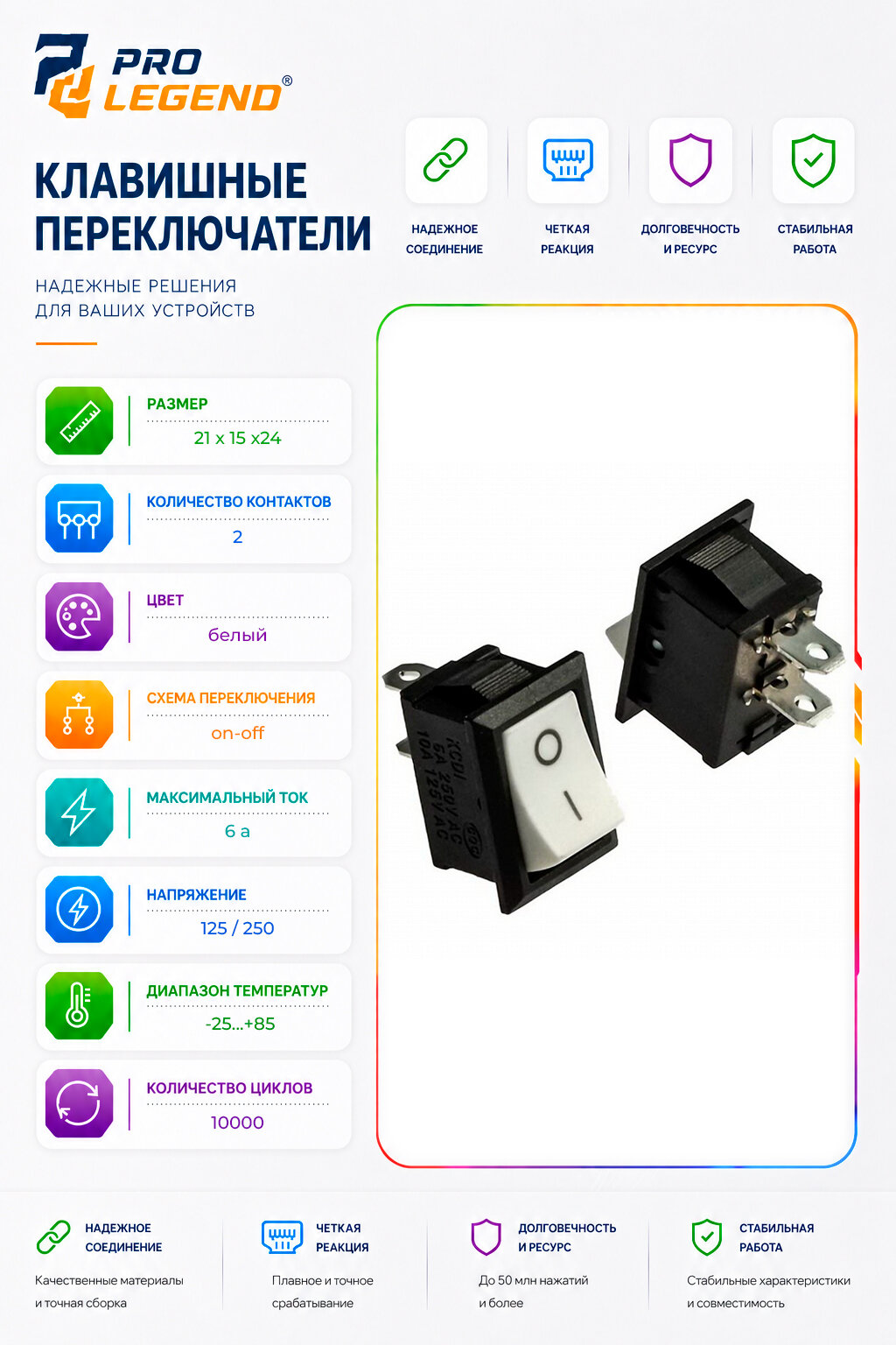 Клавишный переключатель ON-OFF, черный корпус, белая кнопка