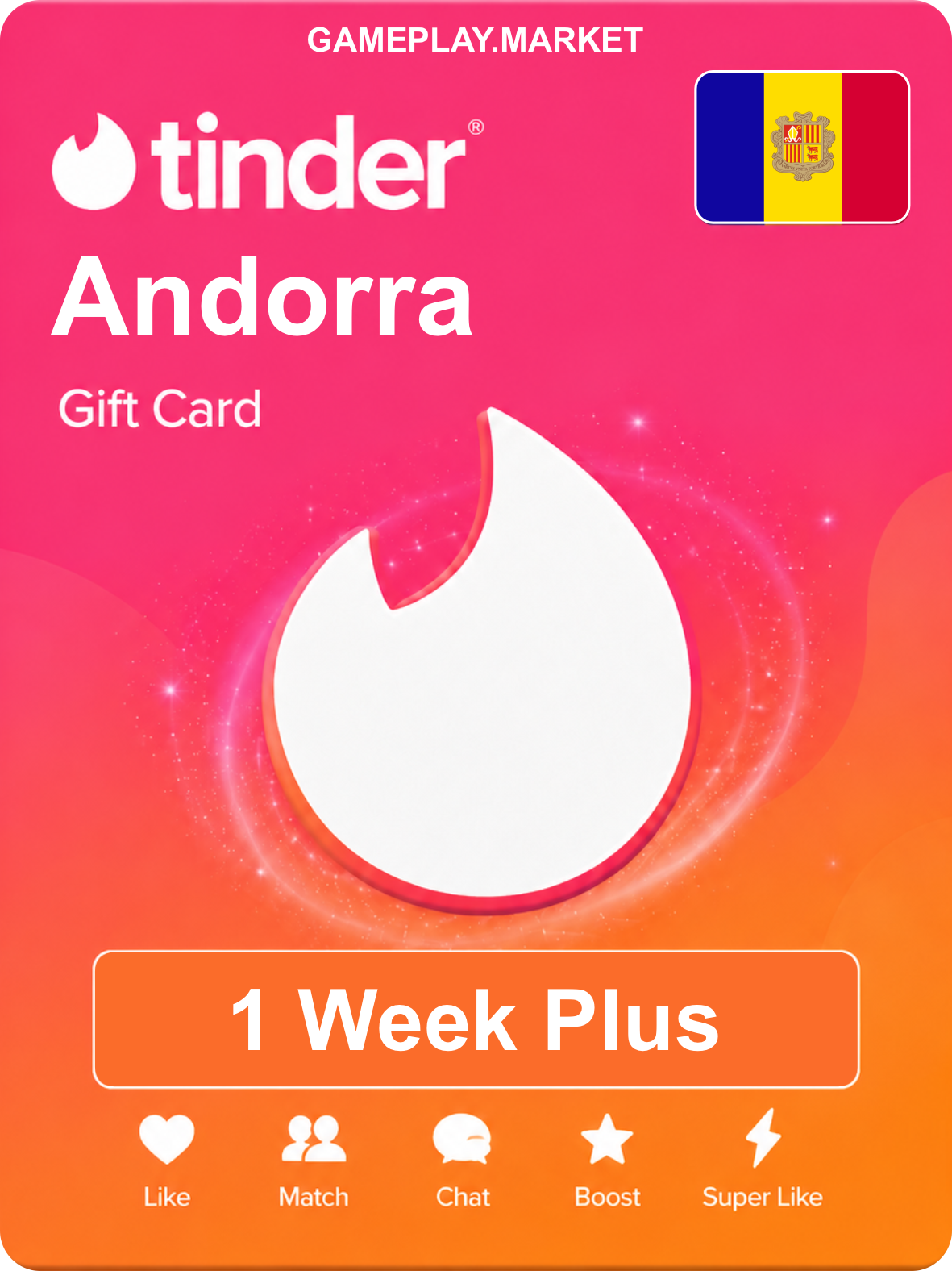 Подарочная карта Tinder Plus 1 неделя подписки / Для аккаунта Андорры / Оригинальный цифровой код