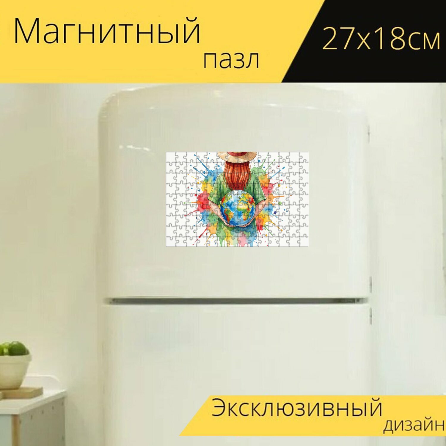 Магнитный пазл "Девушка с земным шаром. Акварельная иллюстрация: юная путешественница в соломенной шляпе бережно держит планету на фоне ярких брызг." на холодильник 27 x 18 см.