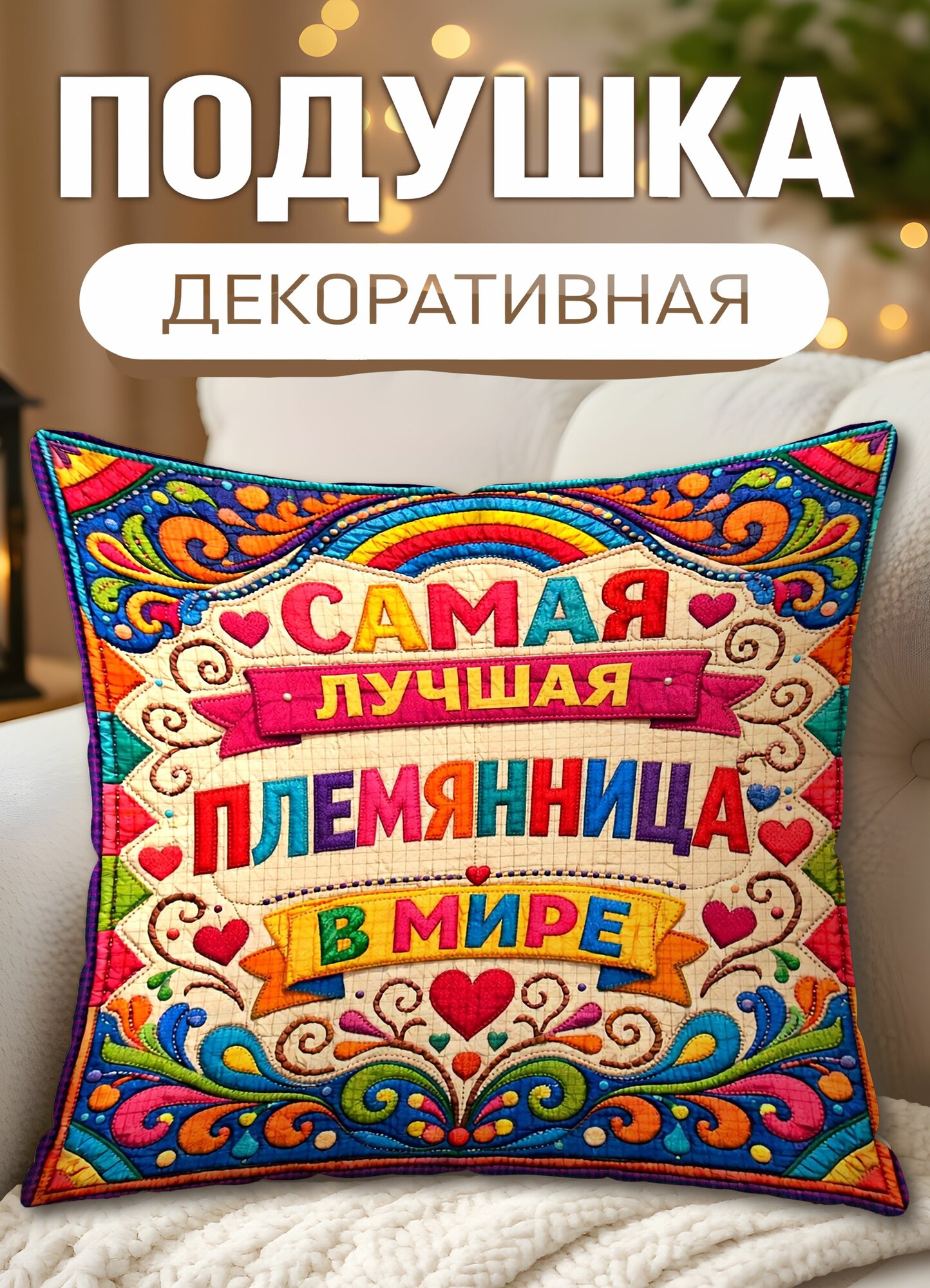 Подушка декоративная с принтом Яркая Самая лучшая племянница, размеры 40 х 40 см, 1 шт.