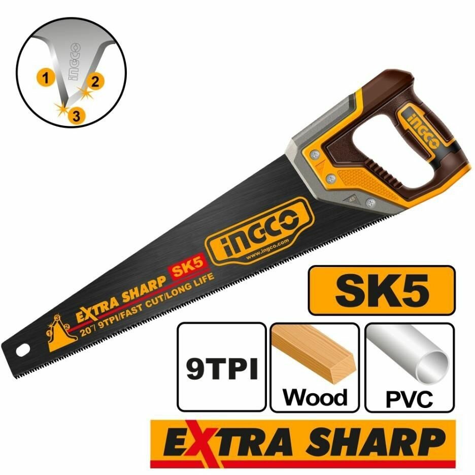 Ножовка по дереву 500 мм, SK5, 9TPI SUPER INGCO HHAS68500 INDUSTRIAL