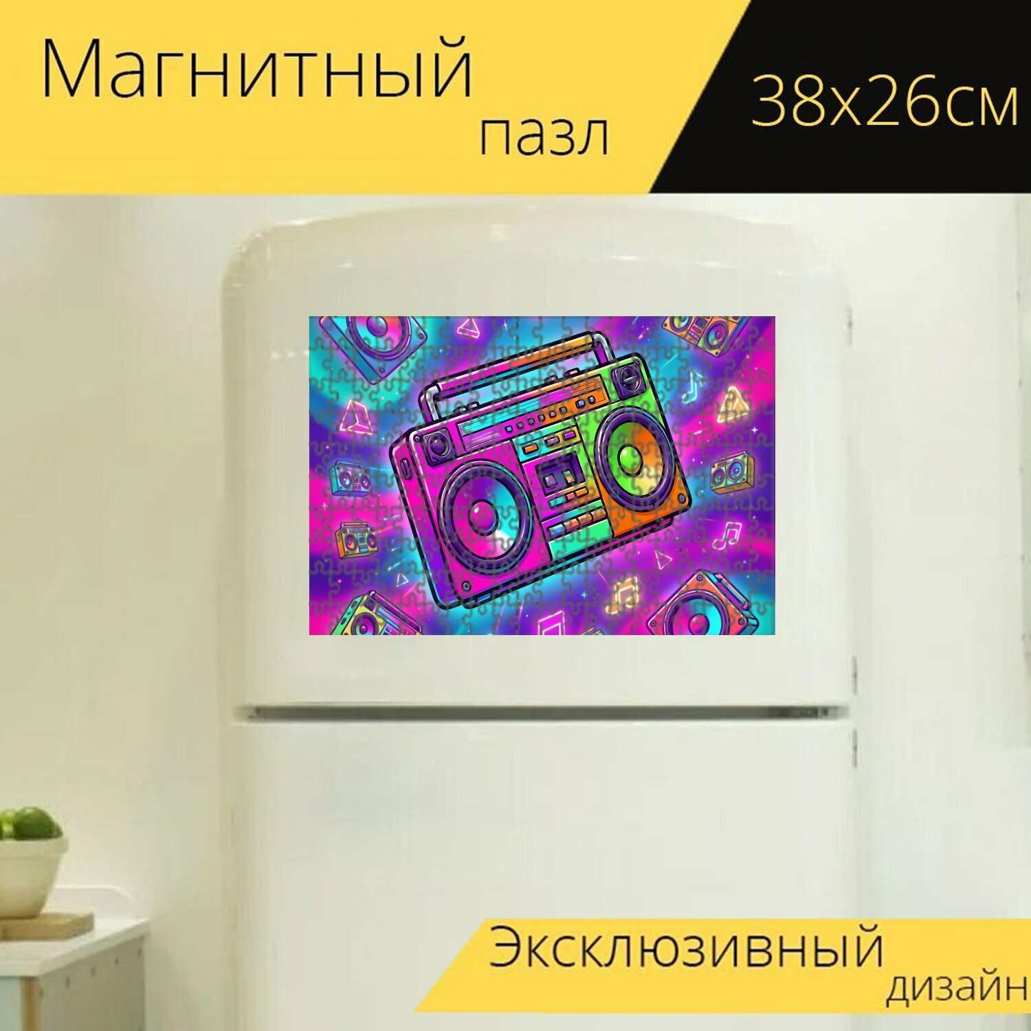 Магнитный пазл "Неоновый музыкальный бумбокс. Яркая ретро-стереосистема в стиле поп-арт с неоновыми музыкальными символами, сияющими колонками и кассетным." для интерьера, 38х26 см.