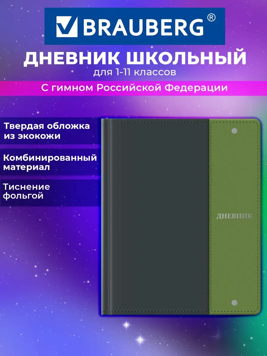 Дневник школьный для девочек мальчика 1-11 класс, канцелярия в школу, 48 лист, твердая обложка экокожа, Brauberg, 107643
