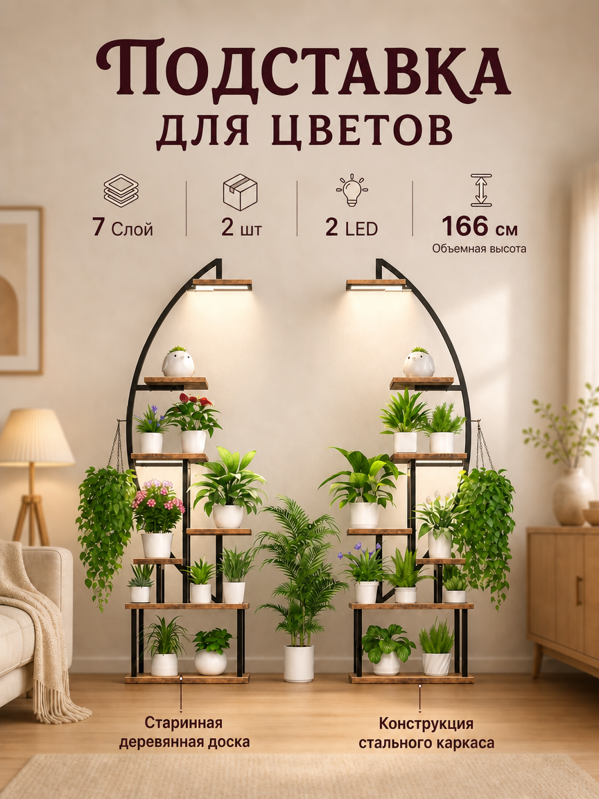 Подставка для цветов с фитолампой 2 шт, регулируемой 7-ярусная напольная, для дома, балкона, рассады 166 см
