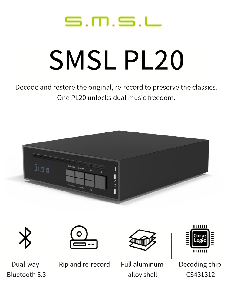 SMSL PL20 Портативный Аудио-CD-плеер Hi-res с поддержкой оптического коаксиала 32 Ом с дистанционным управлением
