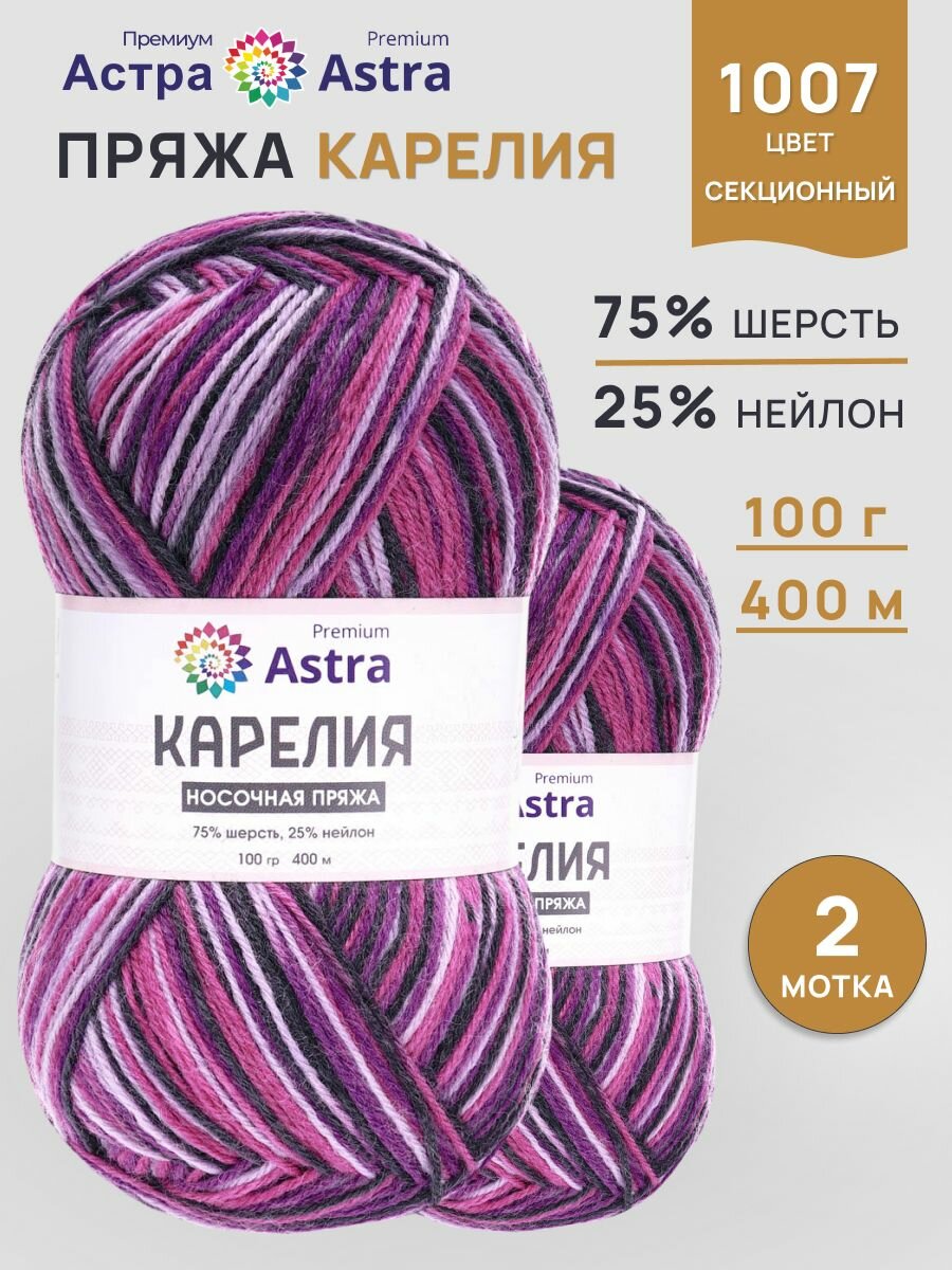 Пряжа для вязания носочная Карелия, 100 г, 400 м, цвет №1007, 2 мотка