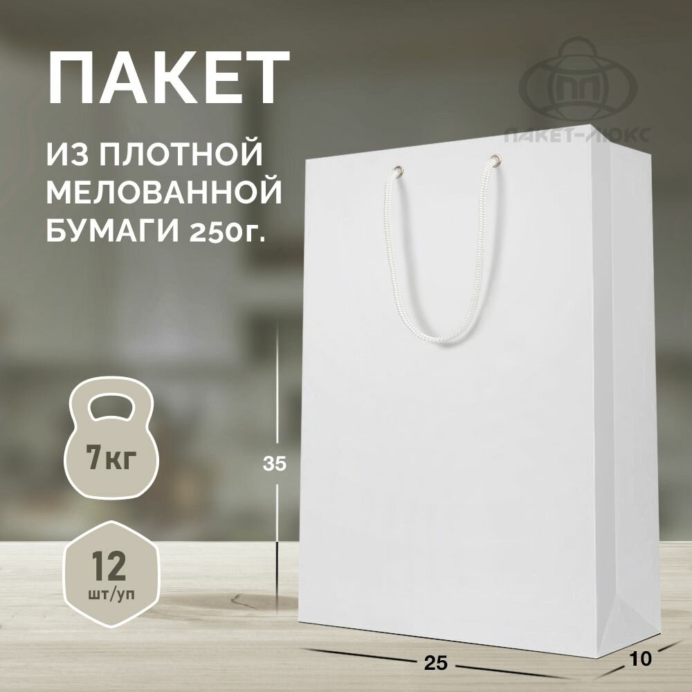 Пакет бумажный подарочный, упаковка 12 штук, размер 25*35*10 см, ламинированный, белый ВИП, матовый, плотный