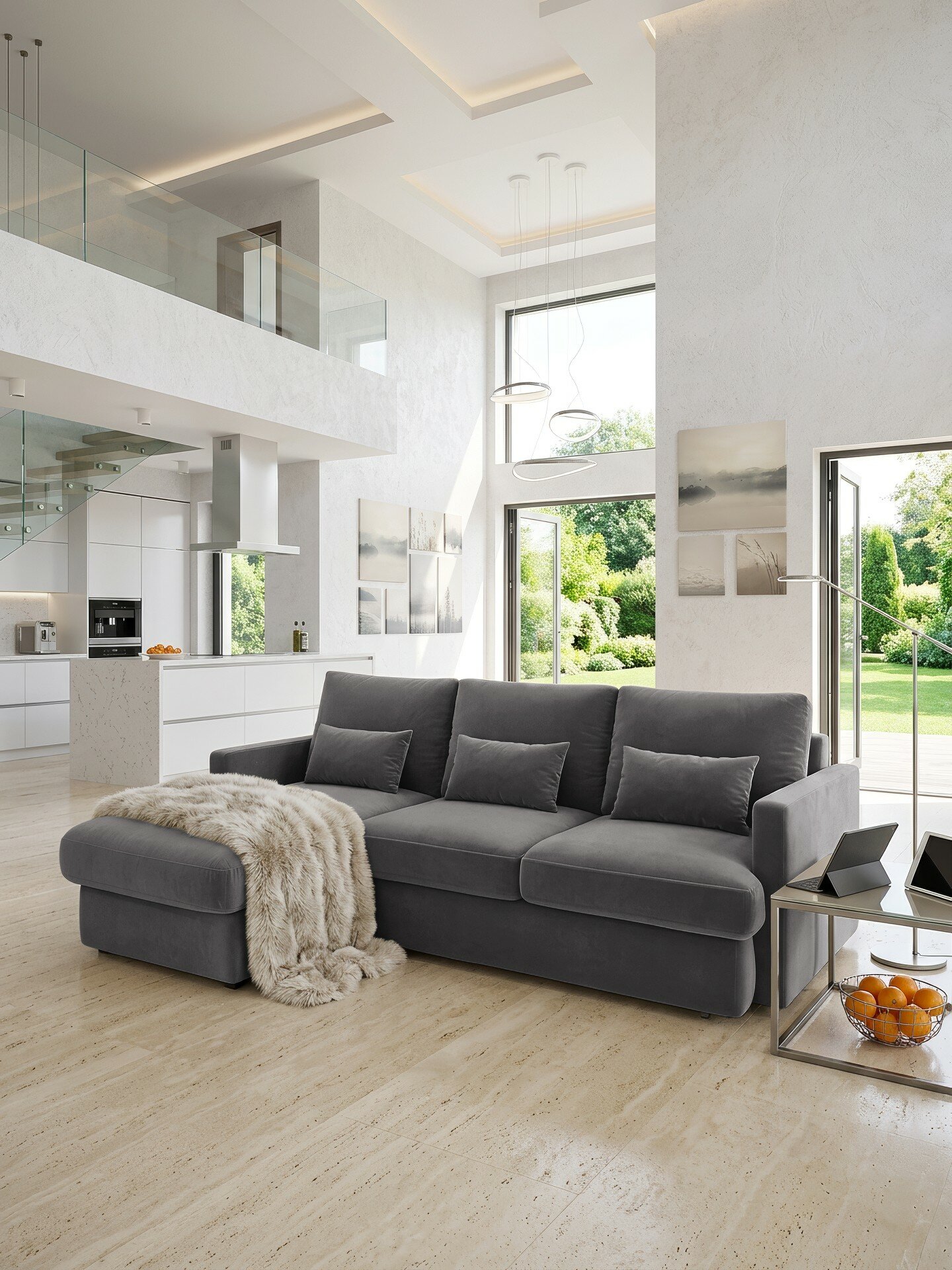 Диван с оттоманкой Стелф ЭКО Velutto 19 NOW 215x157x90 см, серый Велютто, еврокнижка Фиеста