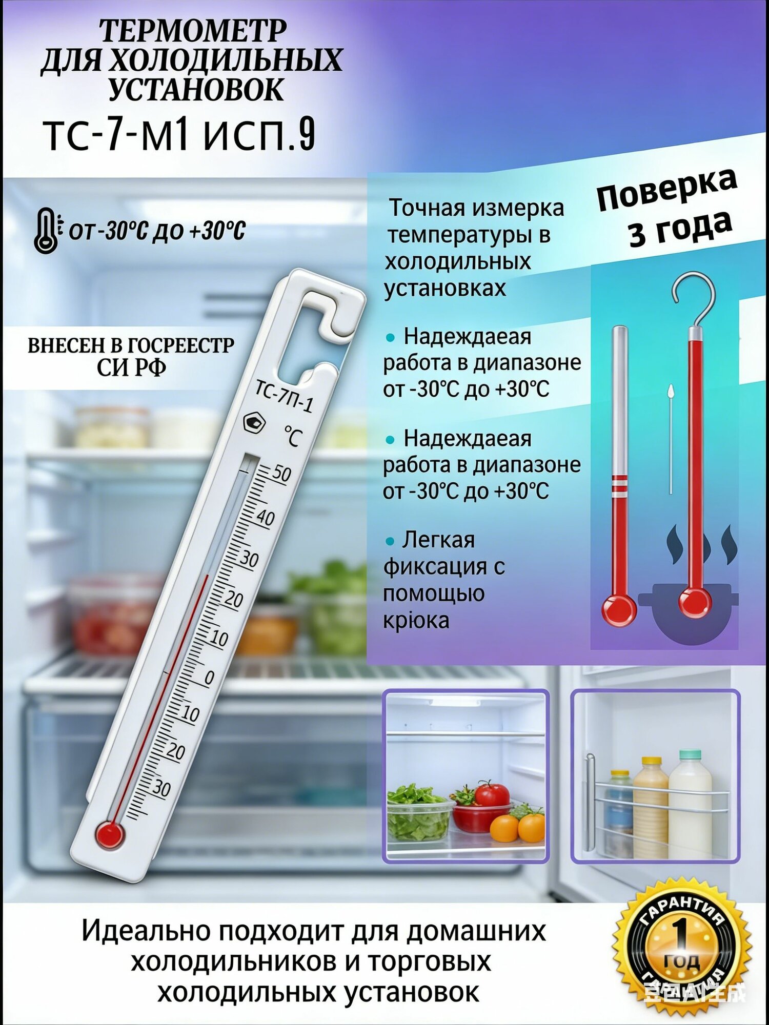 Холодильный термометр ТС-7-М1 с поверкой на 3 года, диапазон -30 до +50 C, для холодильников и морозильных камер