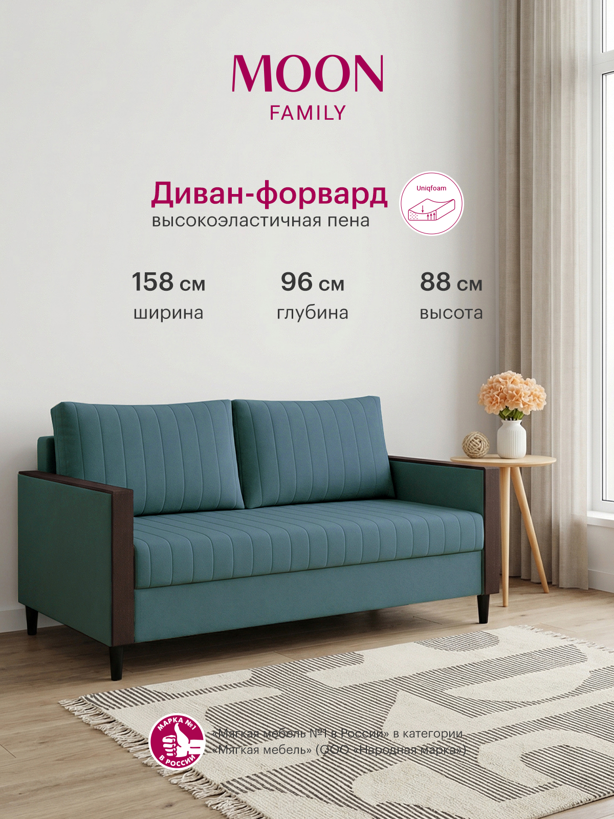 Диван-кровать прямой, раскладной форвард MOON FAMILY 143, синий велюр, 158х96х88 Эксклюзивная пена UniqFoam.