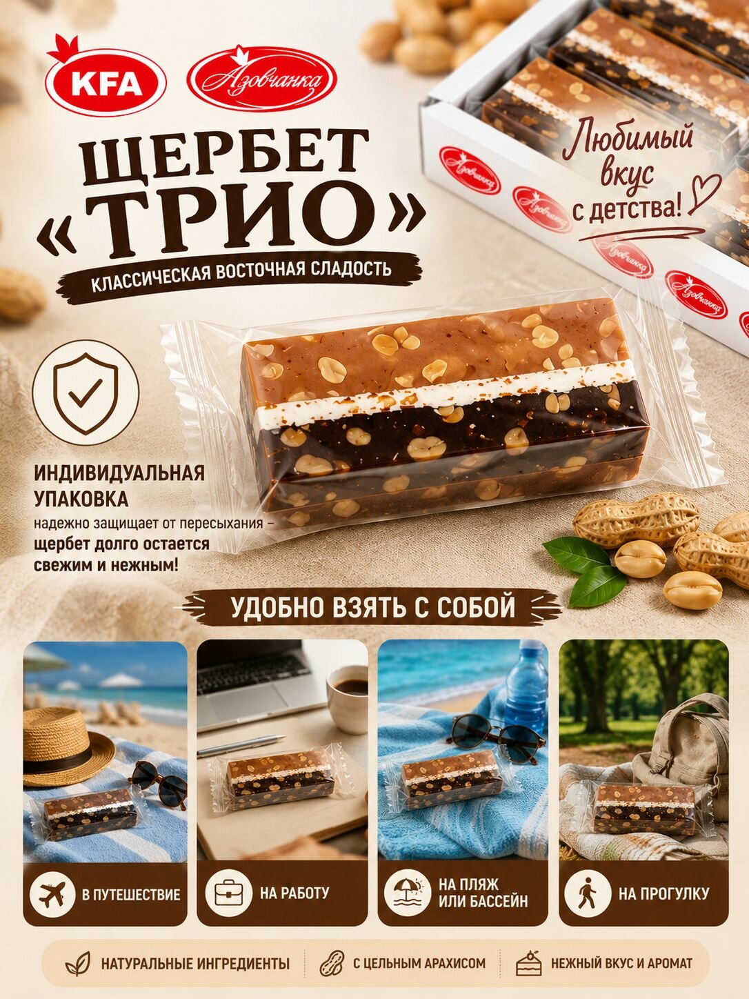 Щербет сливочный с арахисом и изюмом "Трио", ящик 2,4кг — фото 1