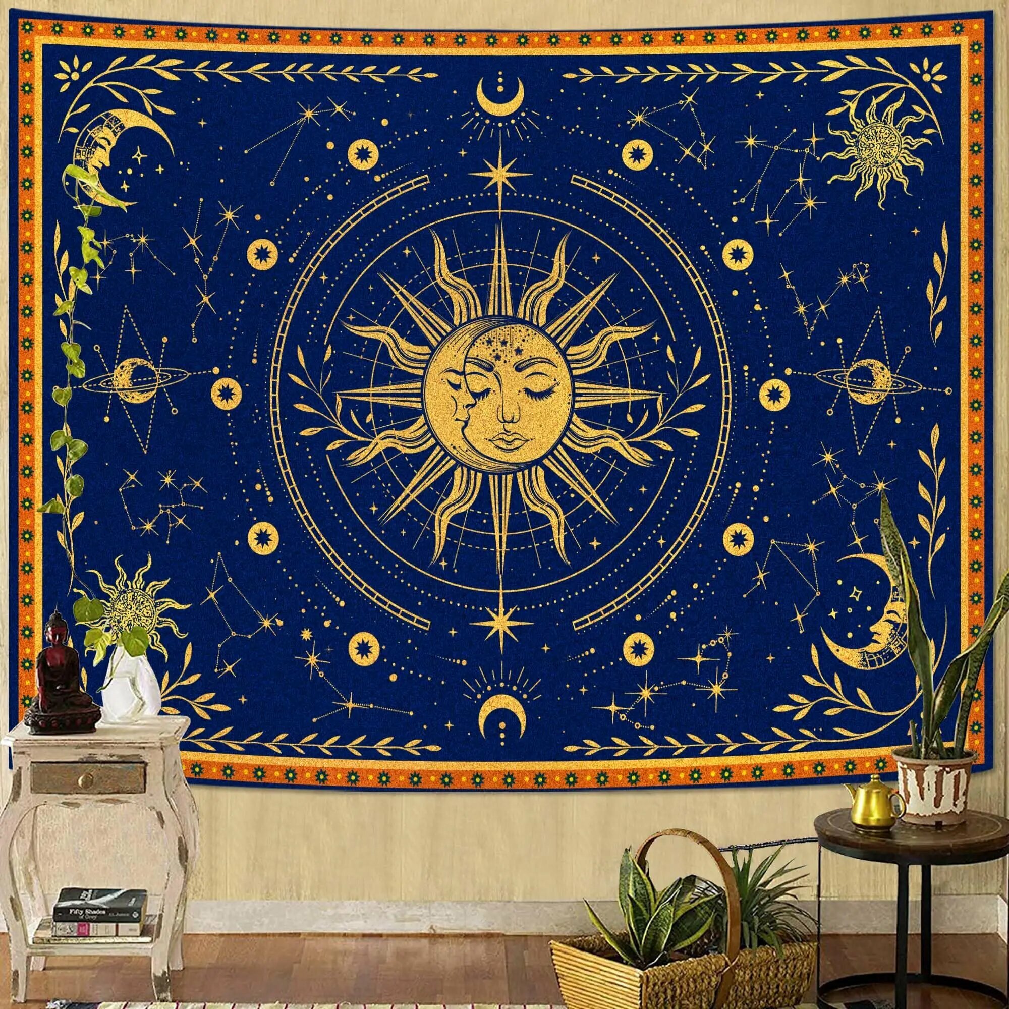 Гобелен бохо с изображением солнца и луны 70x100 см Темно-синий, 300x180CM, ZQ-2604122589