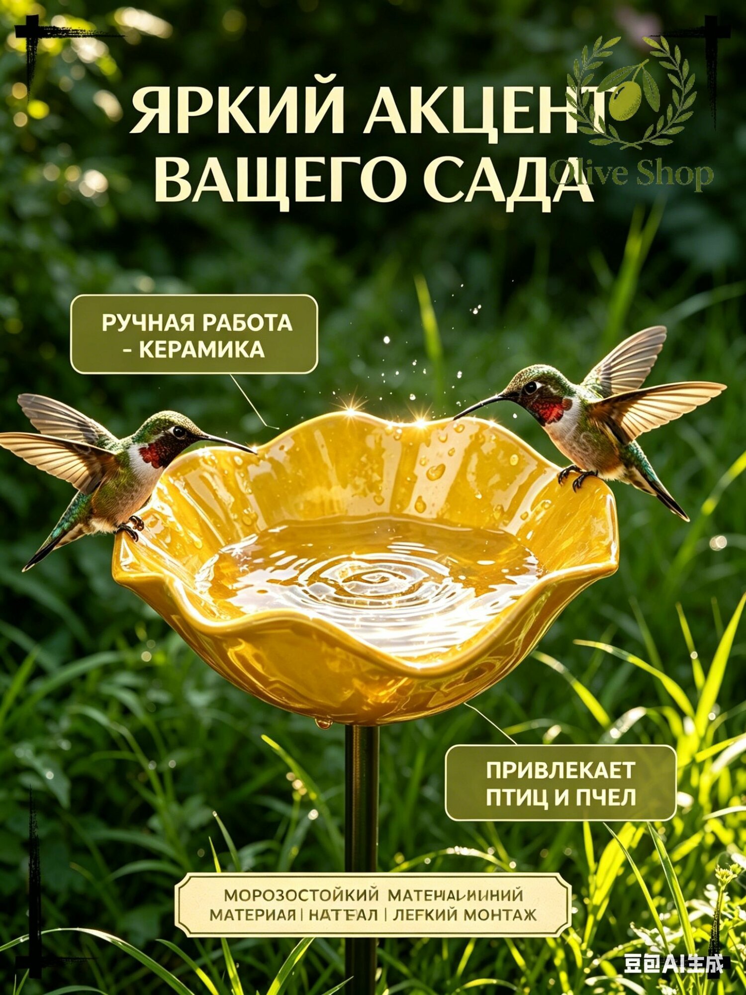 Поилка для птиц и пчел садовая "Жёлтый мак", керамическая чаша на металлическом стержне уличная кормушка и декор для дачи, водопой для насекомых, хендмейд