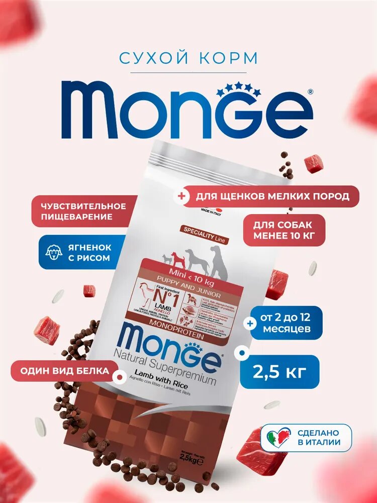 Сухой корм для щенков Monge Dog Speciality Line Monoprotein Mini для мелких пород из ягненка с рисом 2,5 кг