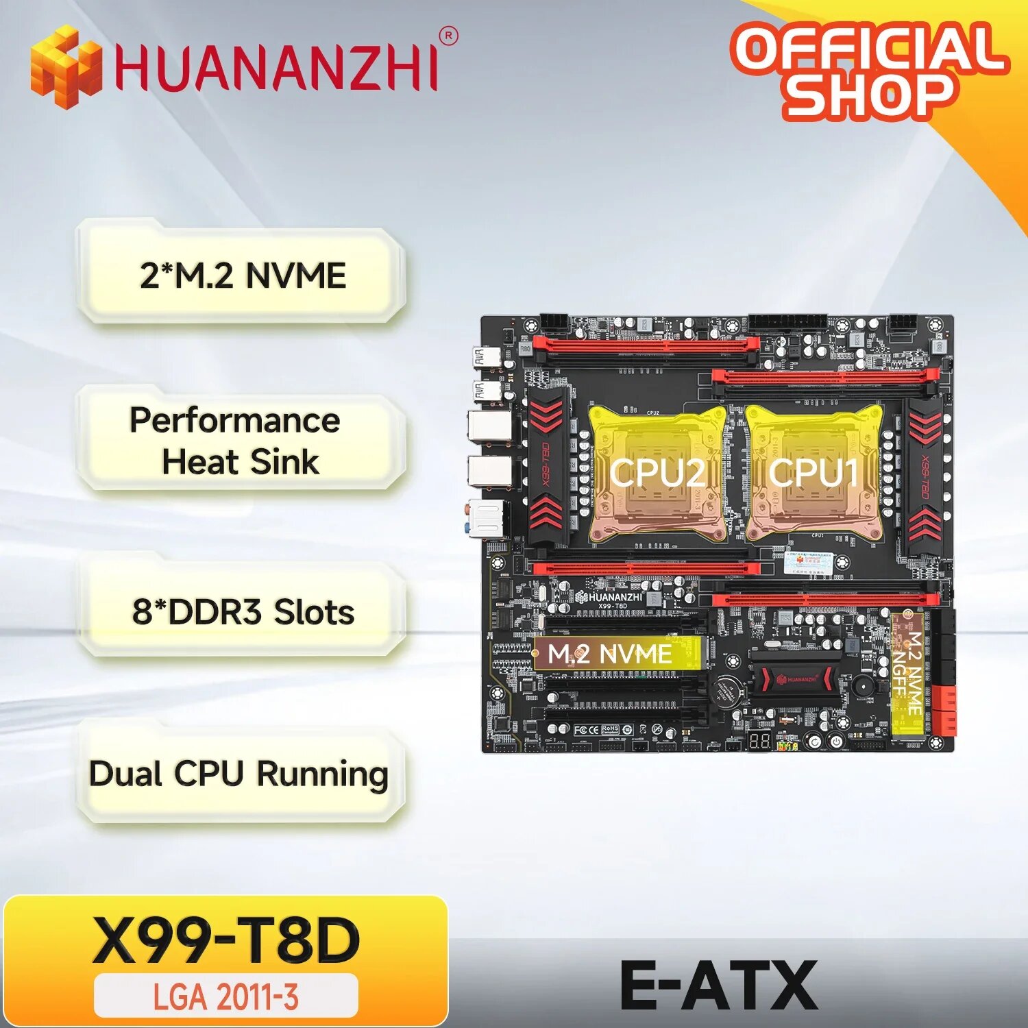 Материнская плата HUANANZHI X99 T8D LGA 2011-3 XEON X99 поддерживает Intel Dual CPU E5 2696 2678 2676 2666 V3 DDR3 NON ECC RECC M.2 NVME