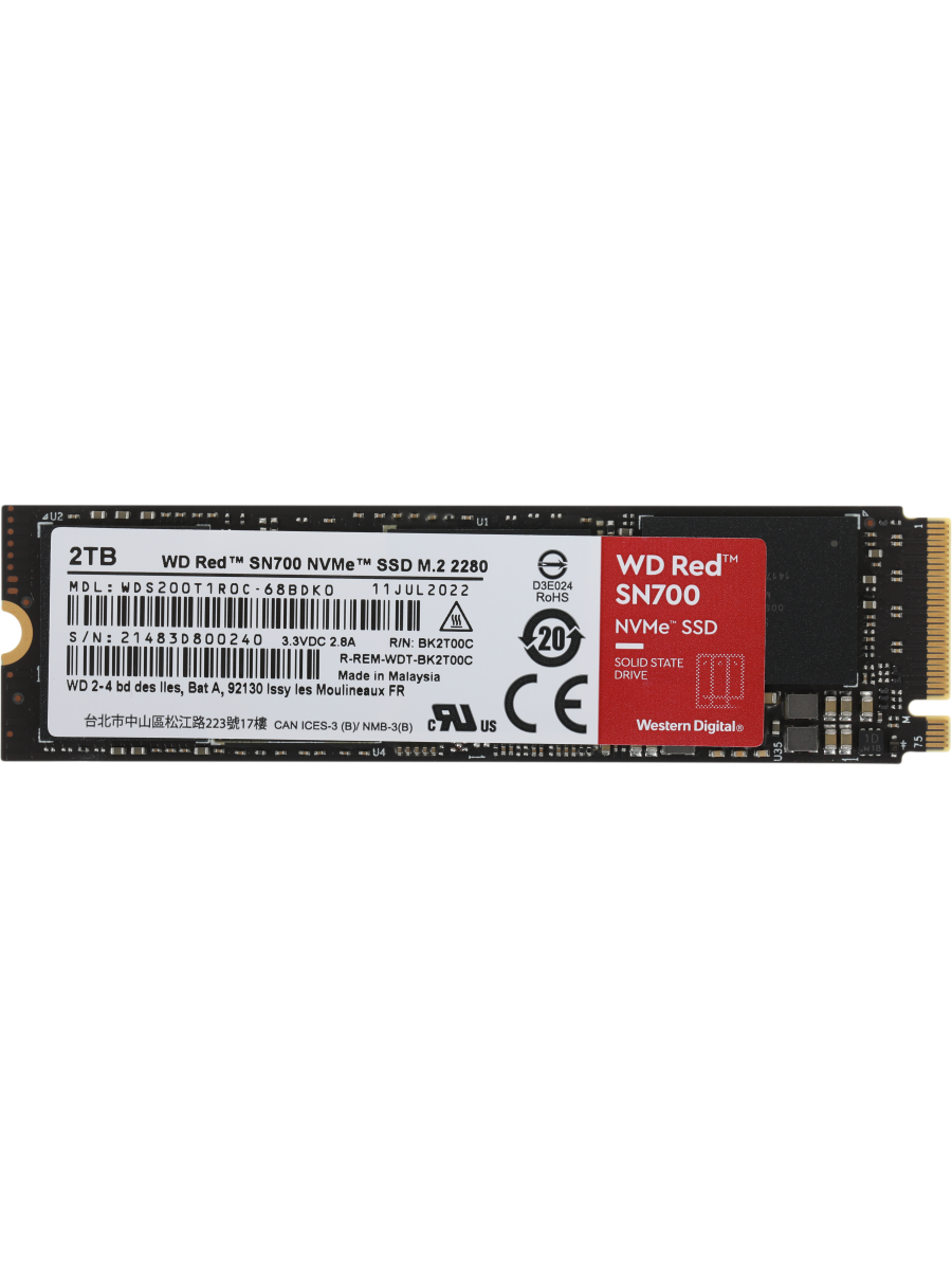 Накопитель SSD WD Red SN700 WDS200T1R0C 2 ТБ, M.2 2280, PCIe 3.0 x4, NVMe, M.2 3400 МБ/с