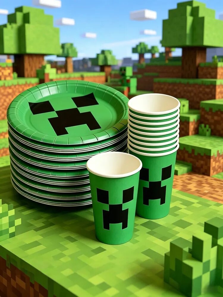Набор одноразовых бумажных лотков и стаканчиков Minecraft для пикников и вечеринок на открытом воздухе