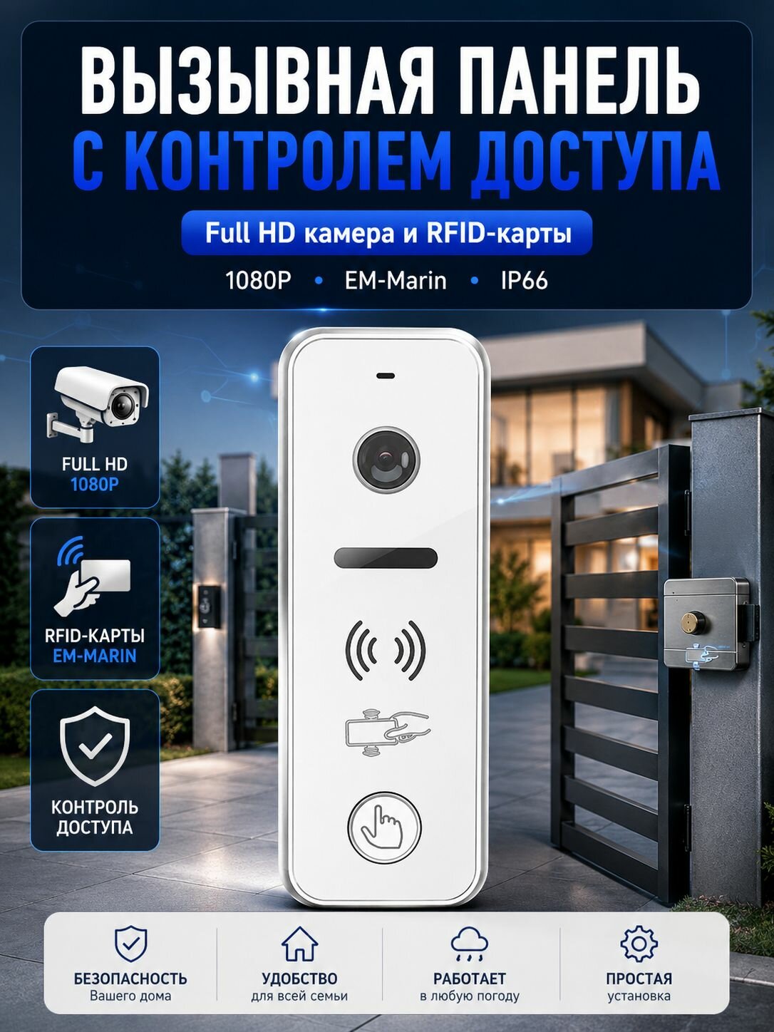 Вызывная панель для домофона Full HD 1080P, считыватель EM-Marine, IP66, черный