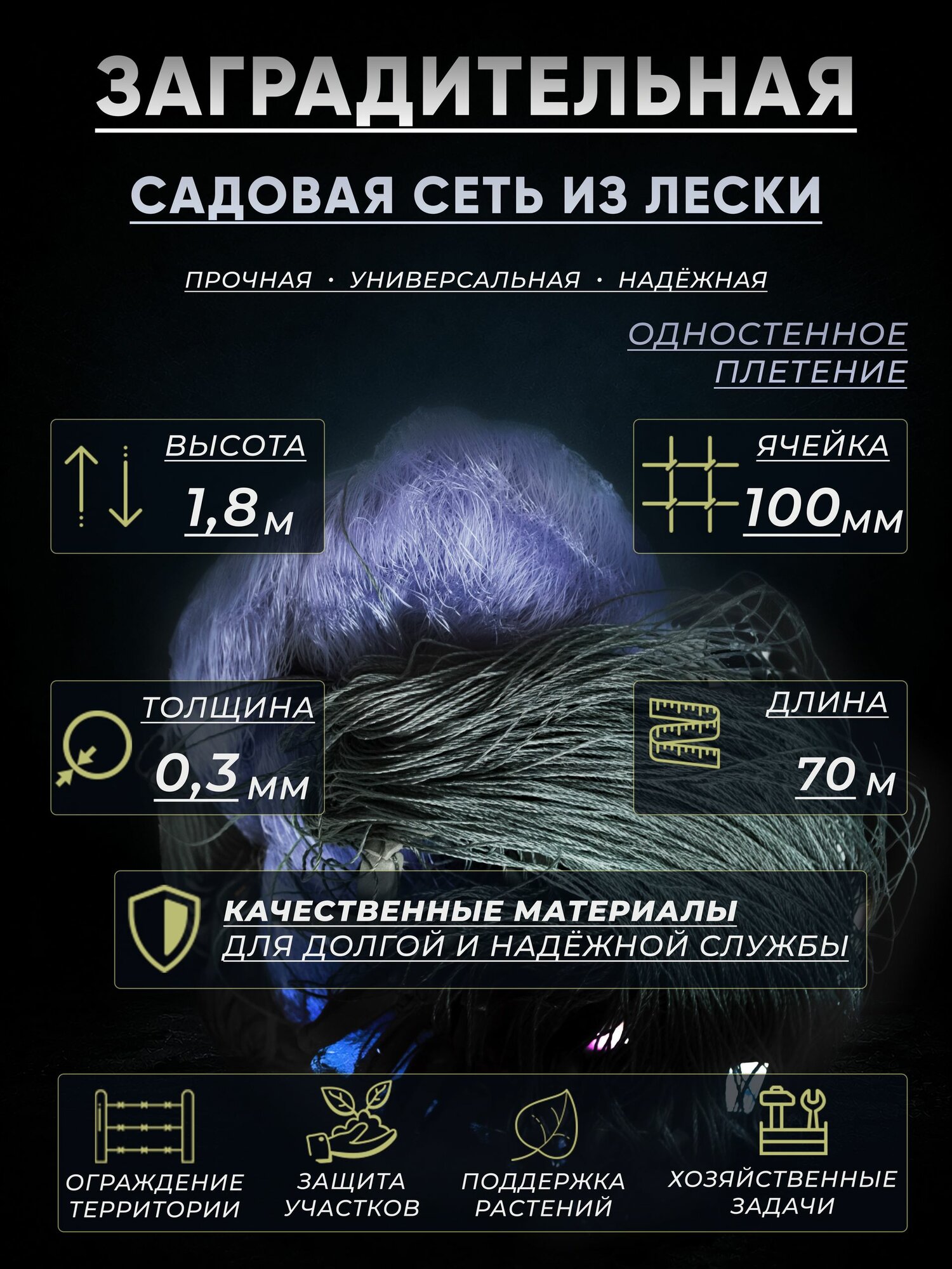 Сеть защитная одностенная из лески заградительная 1.8м 100мм, толщина 0.3, длина 60-70м