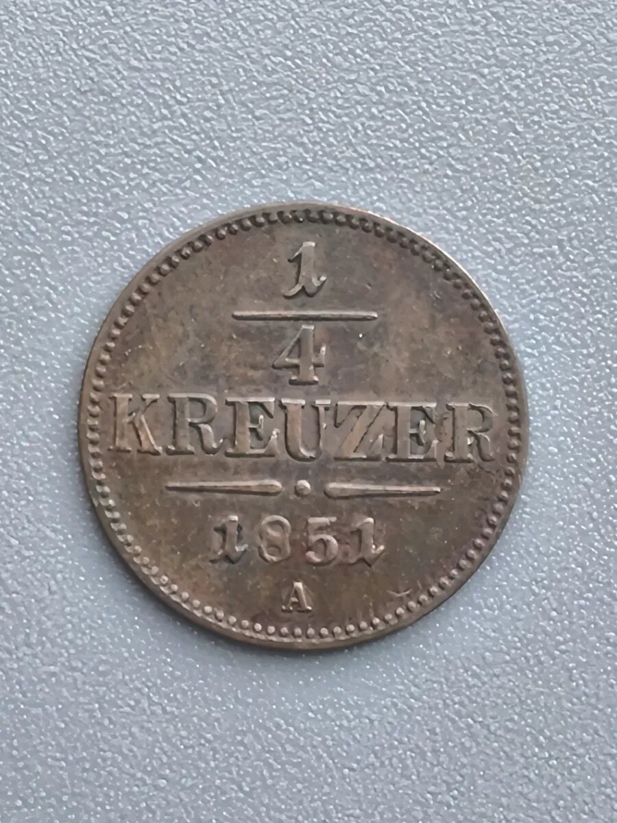 Монета 1/4 крейцера Австрия 1851 г. "A"