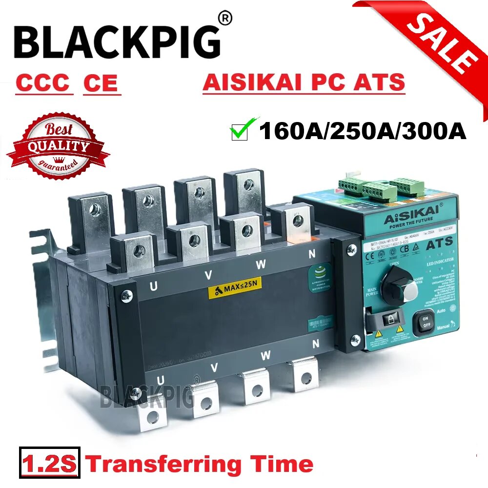 High Grade Original Aisikai ATS 4P 160A 250A 300A Двухтрубный автоматический переключатель тока генератора ATS Switch Время переключения 1,2С