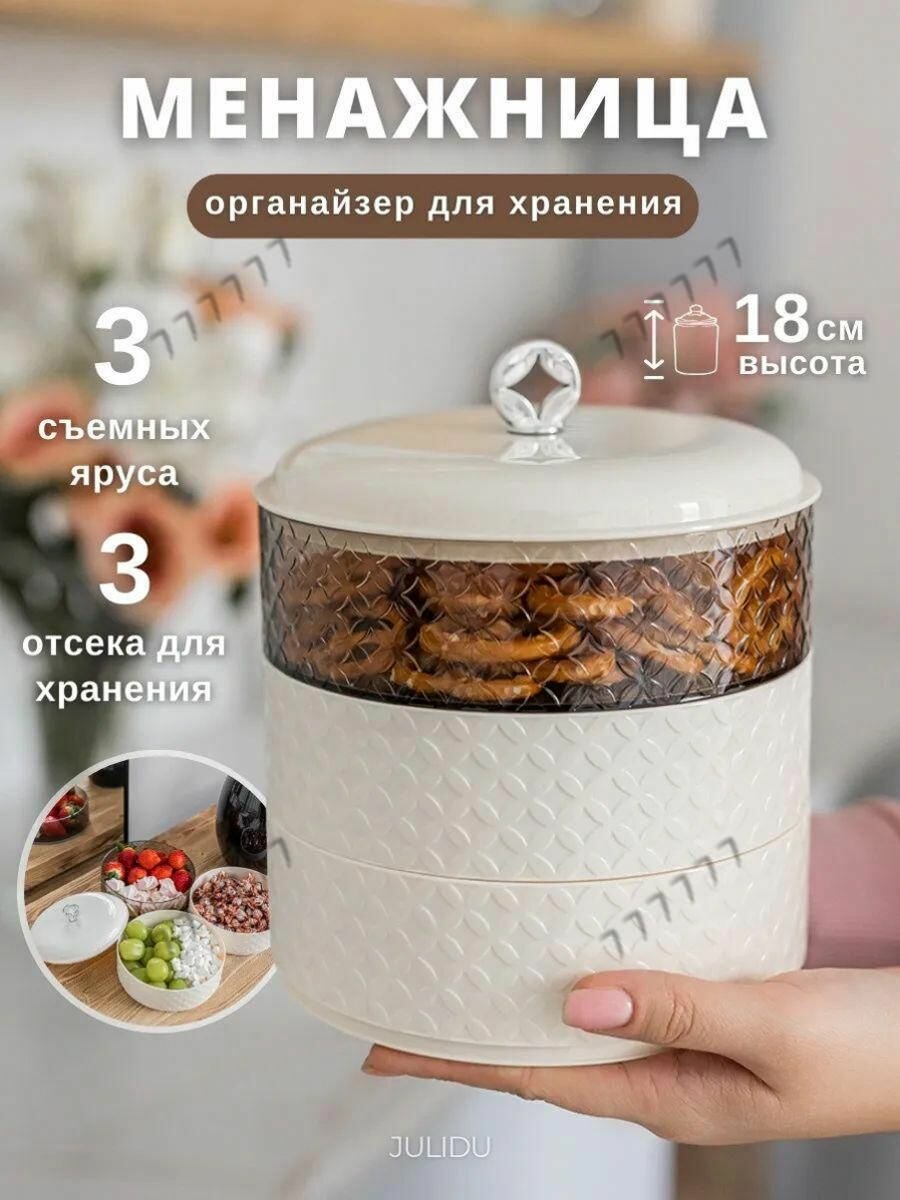 Трехъярусная менажница с крышкой для орехов, сухофруктов и сладостей