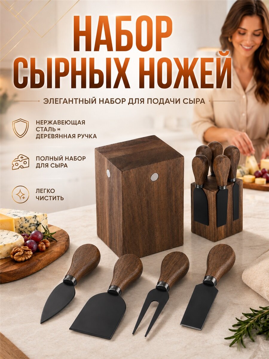 Набор сырных ножей из нержавейки с деревянной подставкой для хранения, удобные деревянные рукоятки, практичный комплект для подачи сыра на праздничные застолья